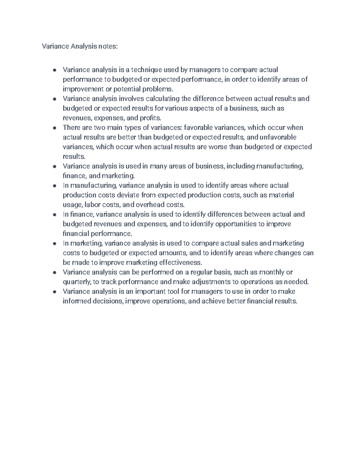 Variance Analysis notes - Variance analysis involves calculating the ...