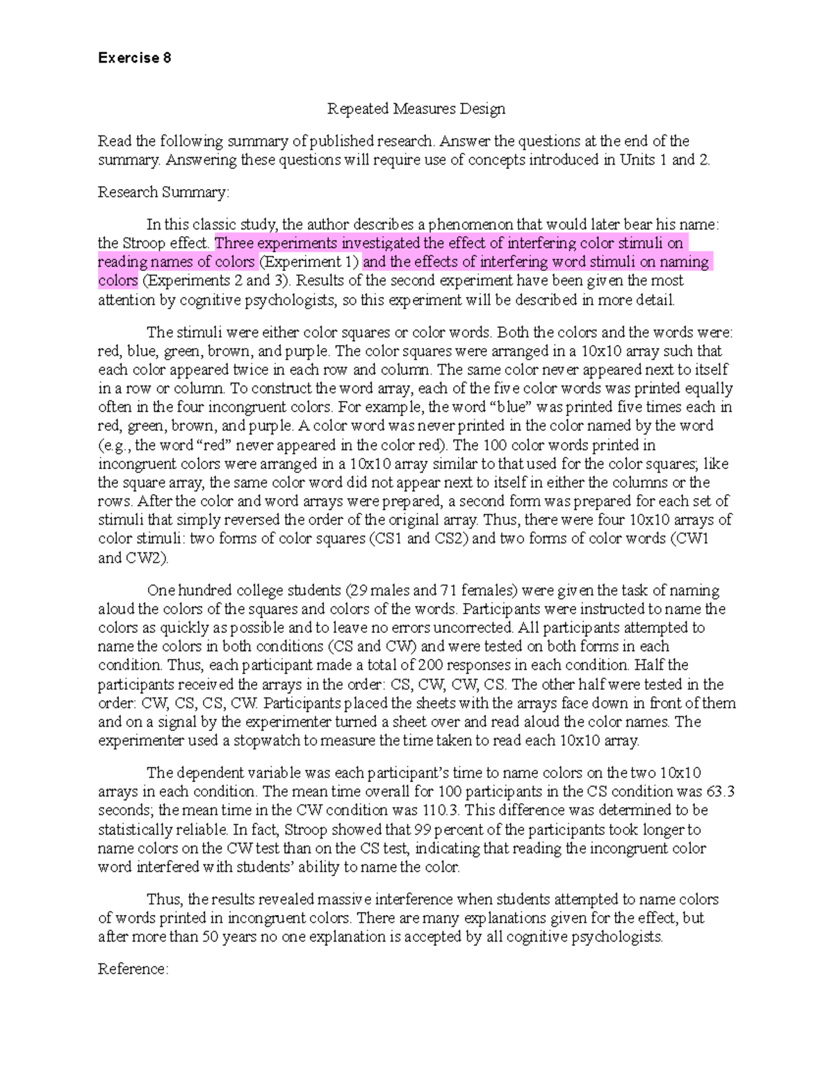 Exercise 08 ch10 - Exercise 8 Repeated Measures Design Read the following summary of published ...