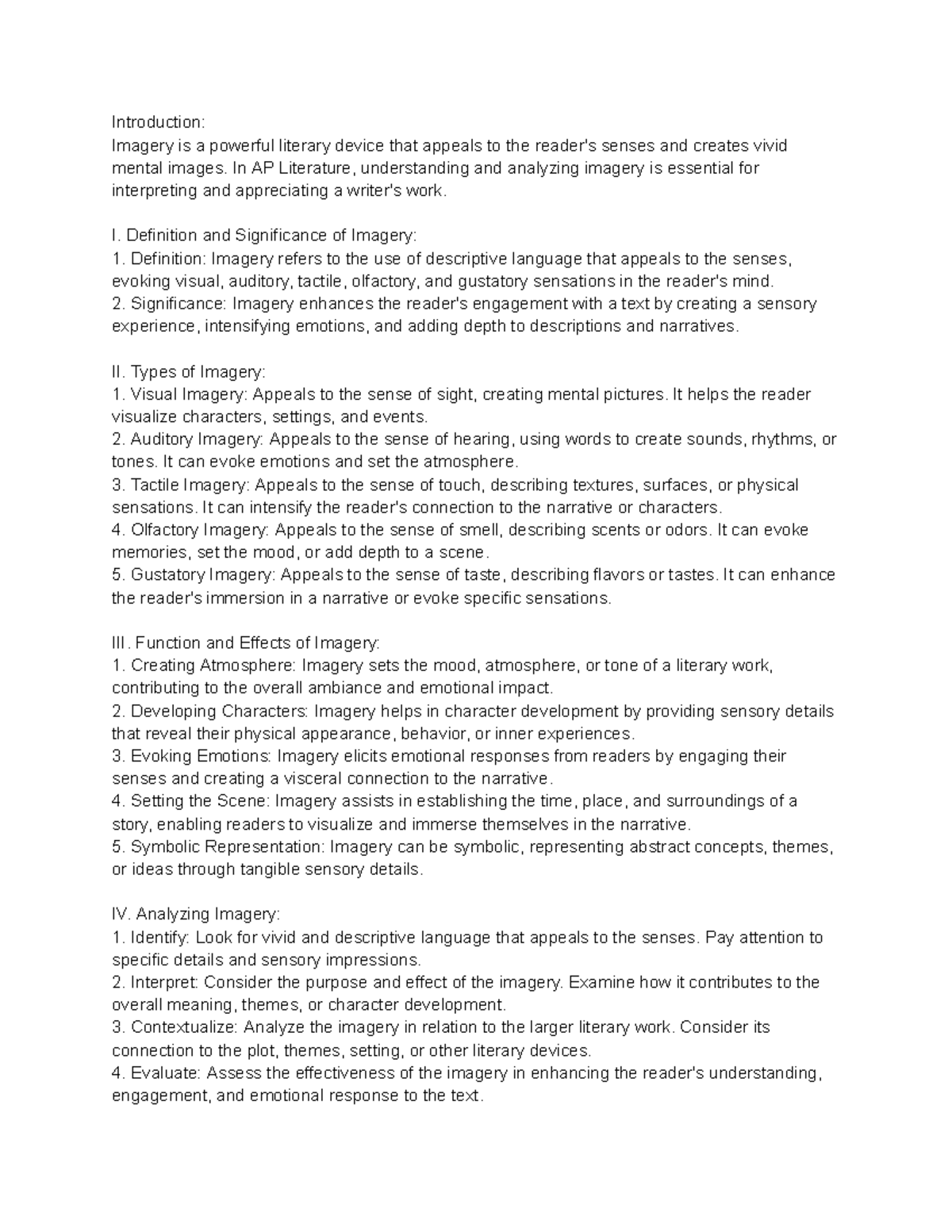 Imagery in AP Literature - Introduction: Imagery is a powerful literary ...