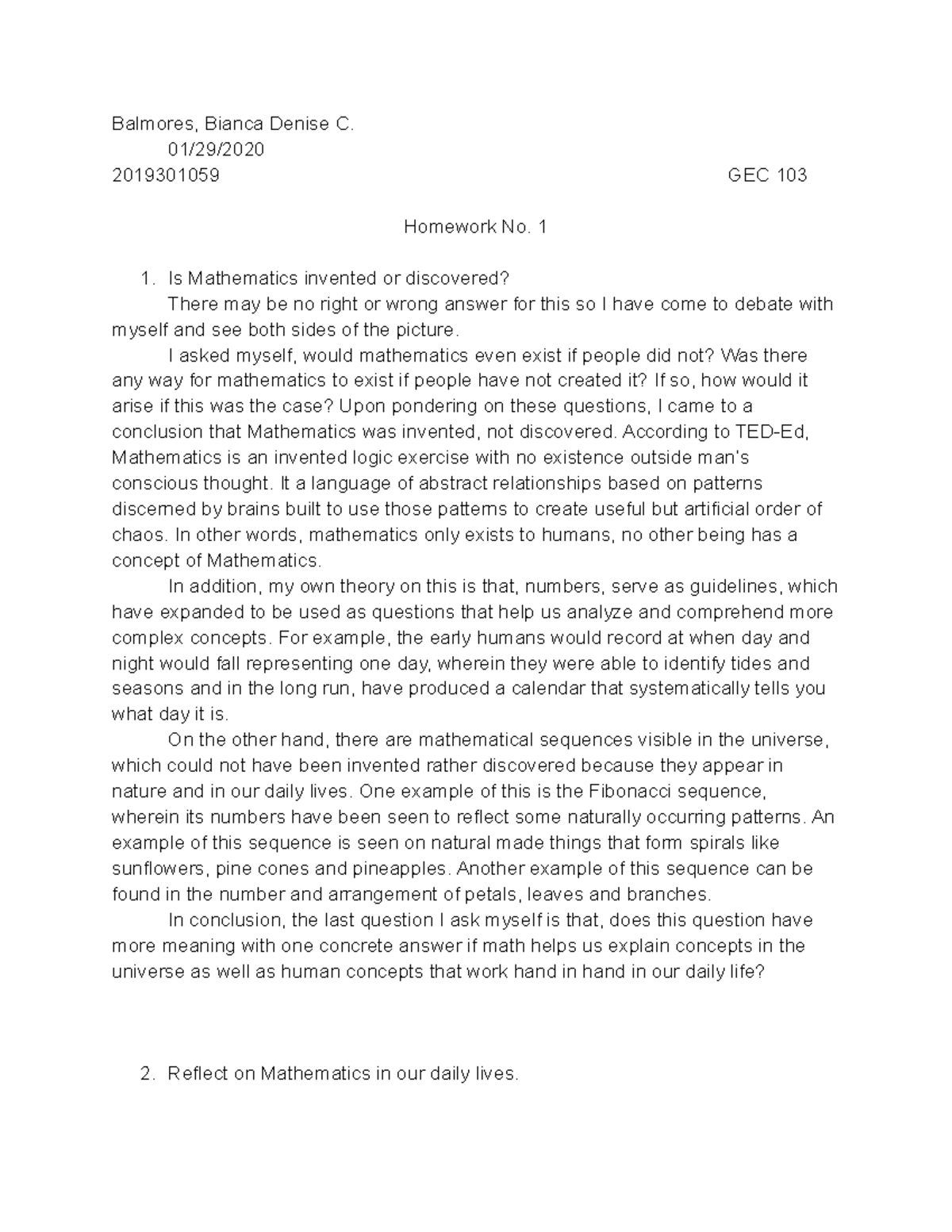 Math Essay - Balmores, Bianca Denise C. 01/29/ 2019301059 GEC 103 ...