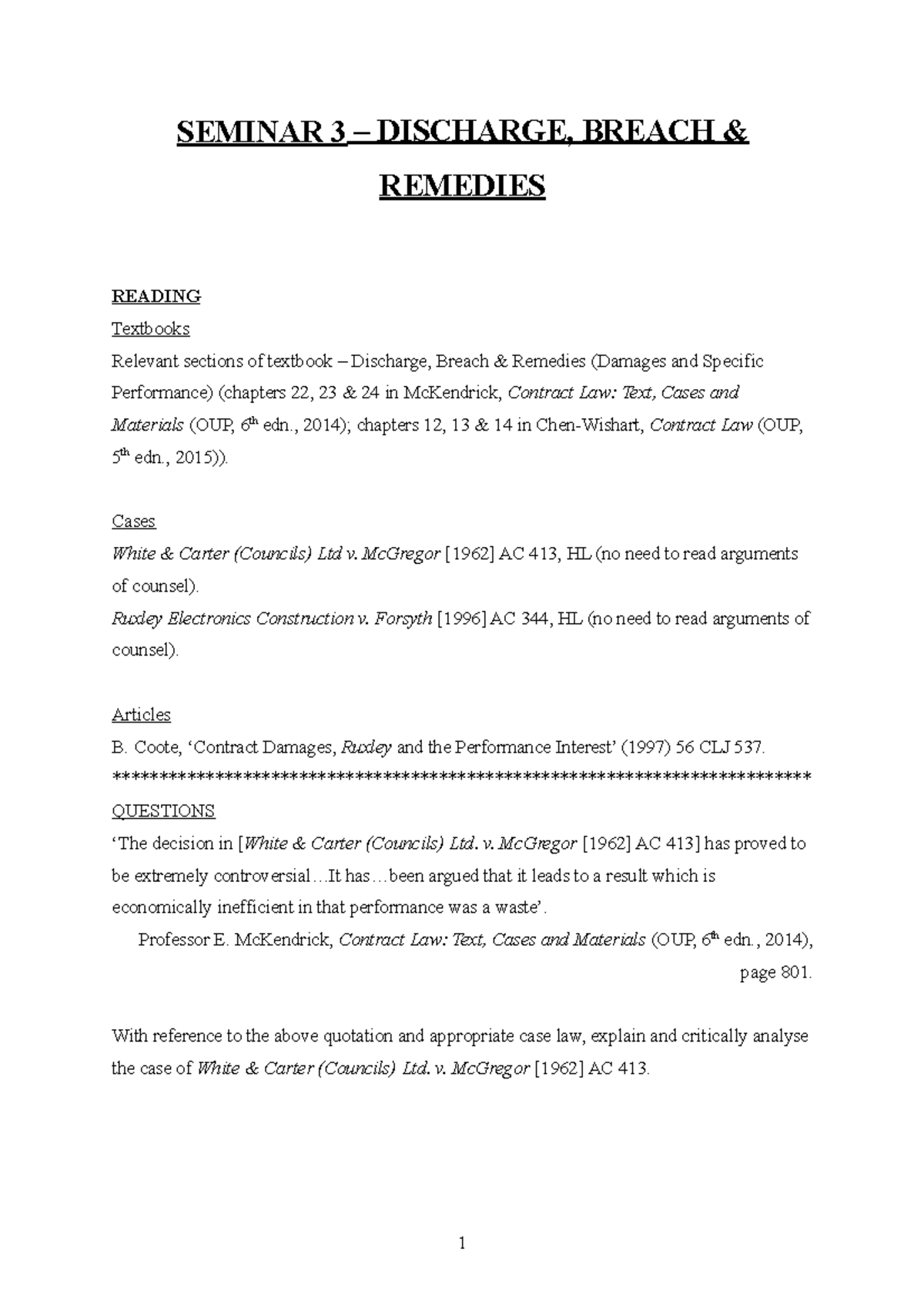 3 - Discharge, Breach & Remedies Notes - LAW-4006B - UEA - Studocu