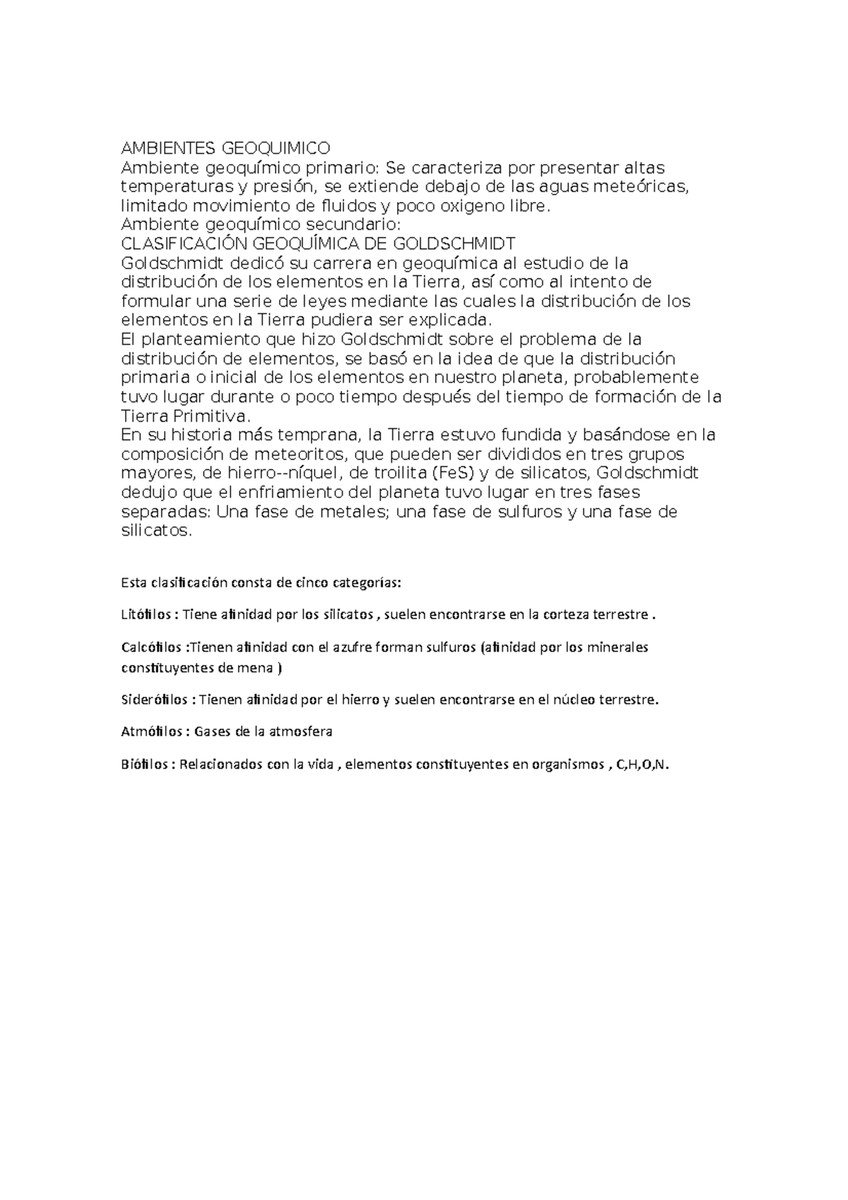 Clasificación Geoquímica DE Goldschmidt de los Depósitos minerales ...
