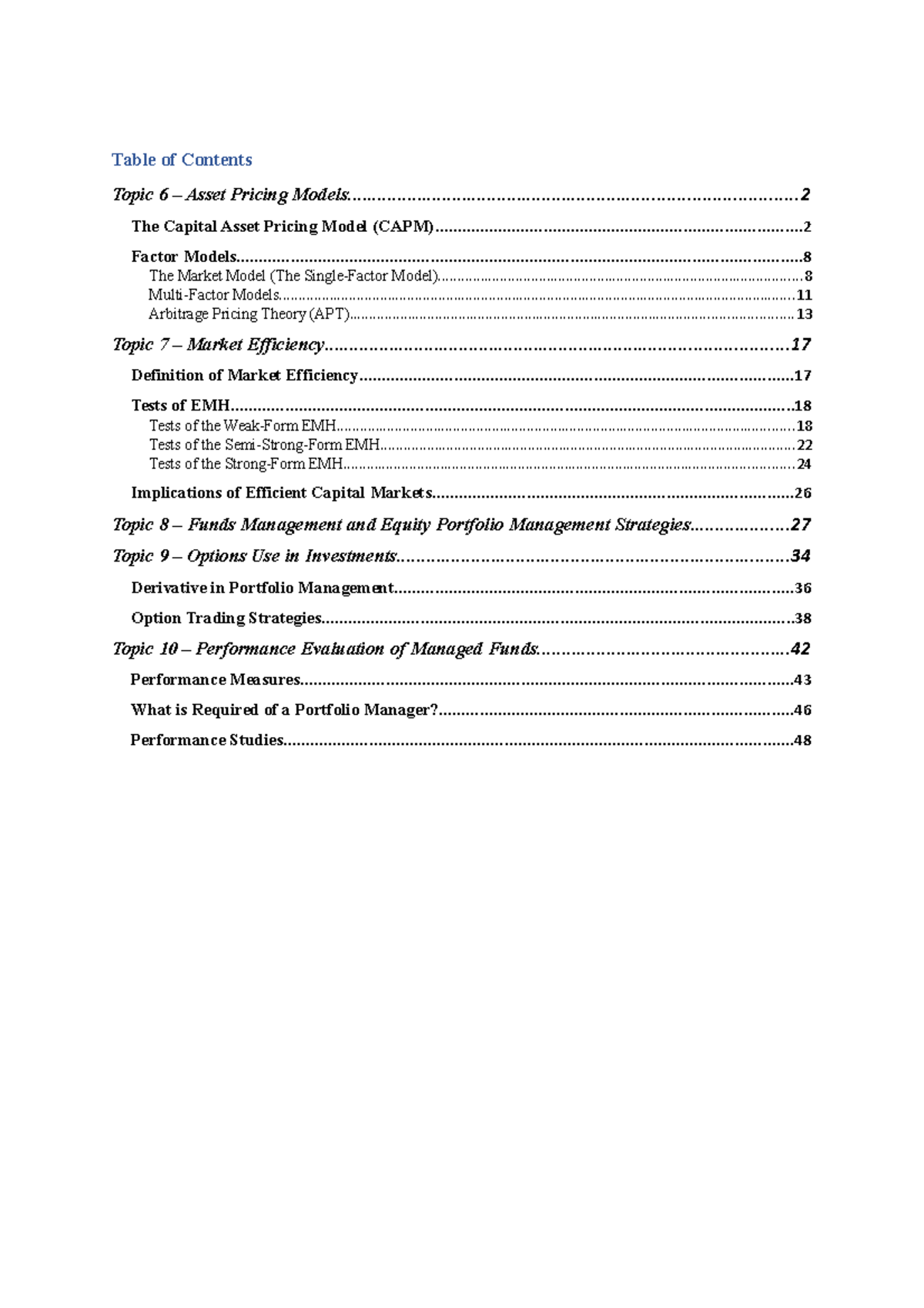 EFB335 Final Exam Lecture Notes - Table of Contents Topic 6 – Asset ...