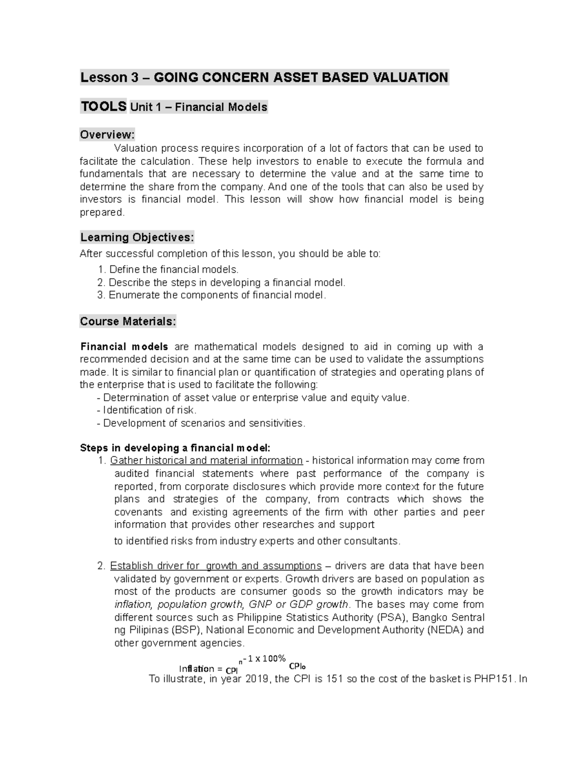 Lesson 3 - Going Concern Asset Based Valuation Tools Unit 1 - Financial ...
