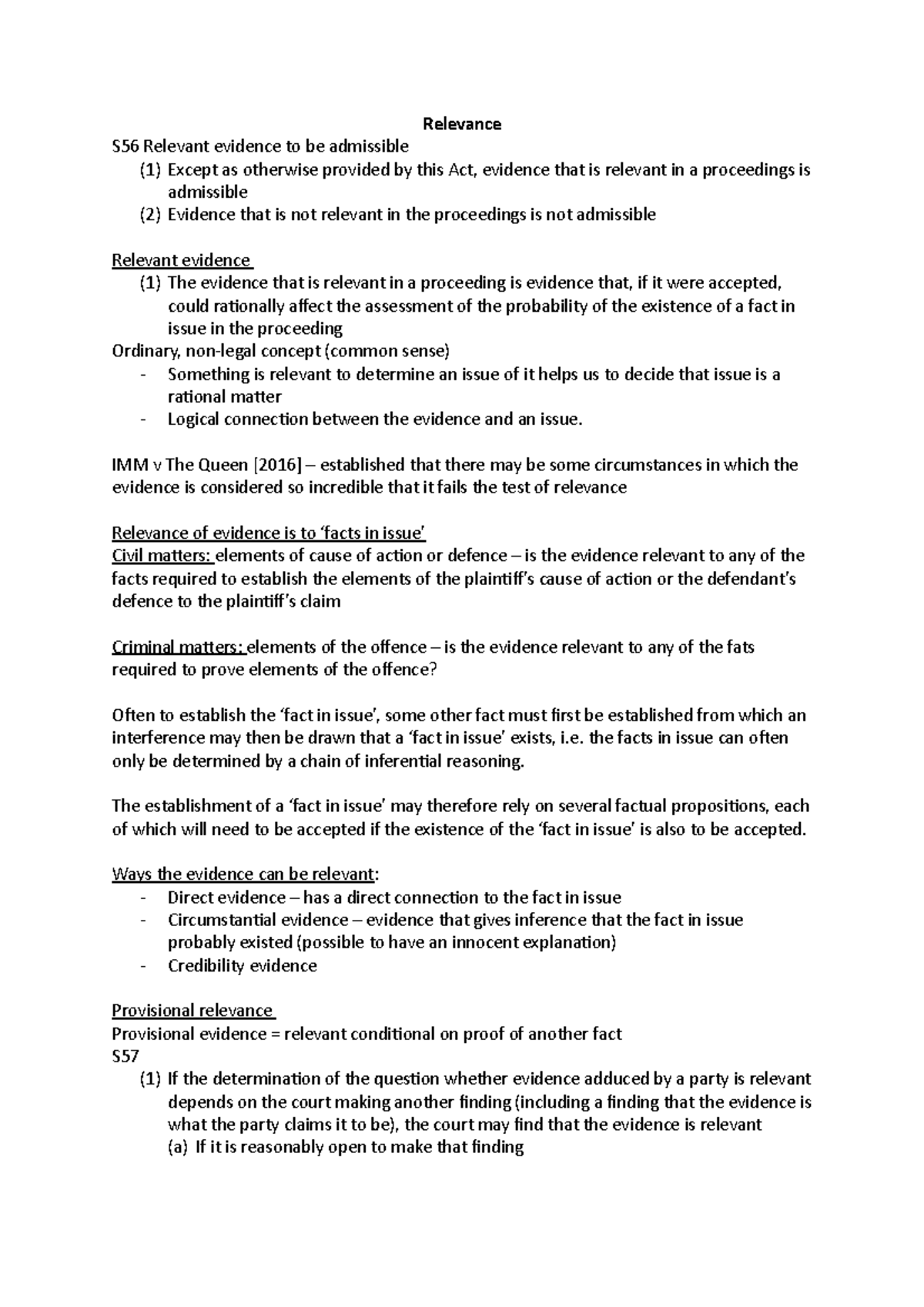 Relevance - Lecture notes - Relevance S56 Relevant evidence to be ...