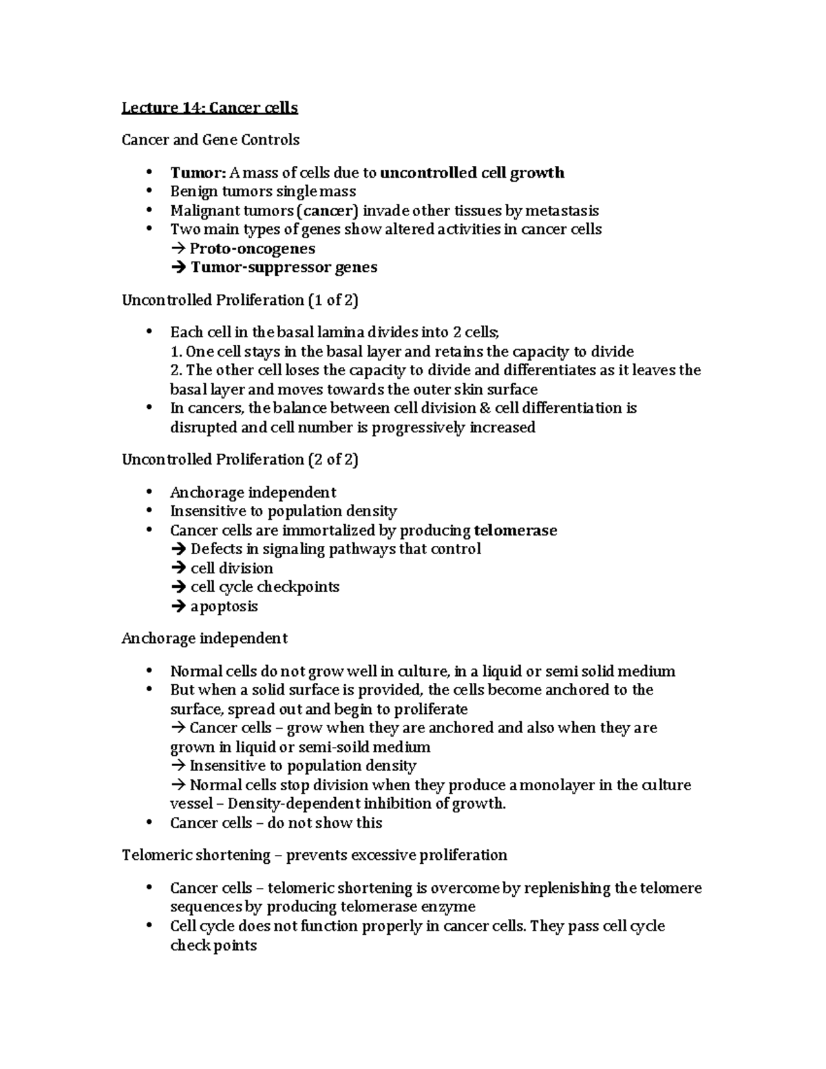 Lecture 14 - Lecture 14: Cancer cells Cancer and Gene Controls ...