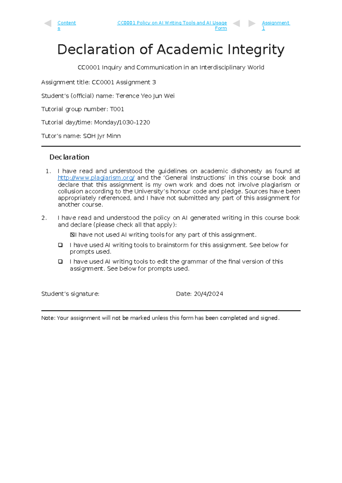 Declaration of Academic Integrity form - Content s CC0001 Policy on AI Writing Tools and AI ...