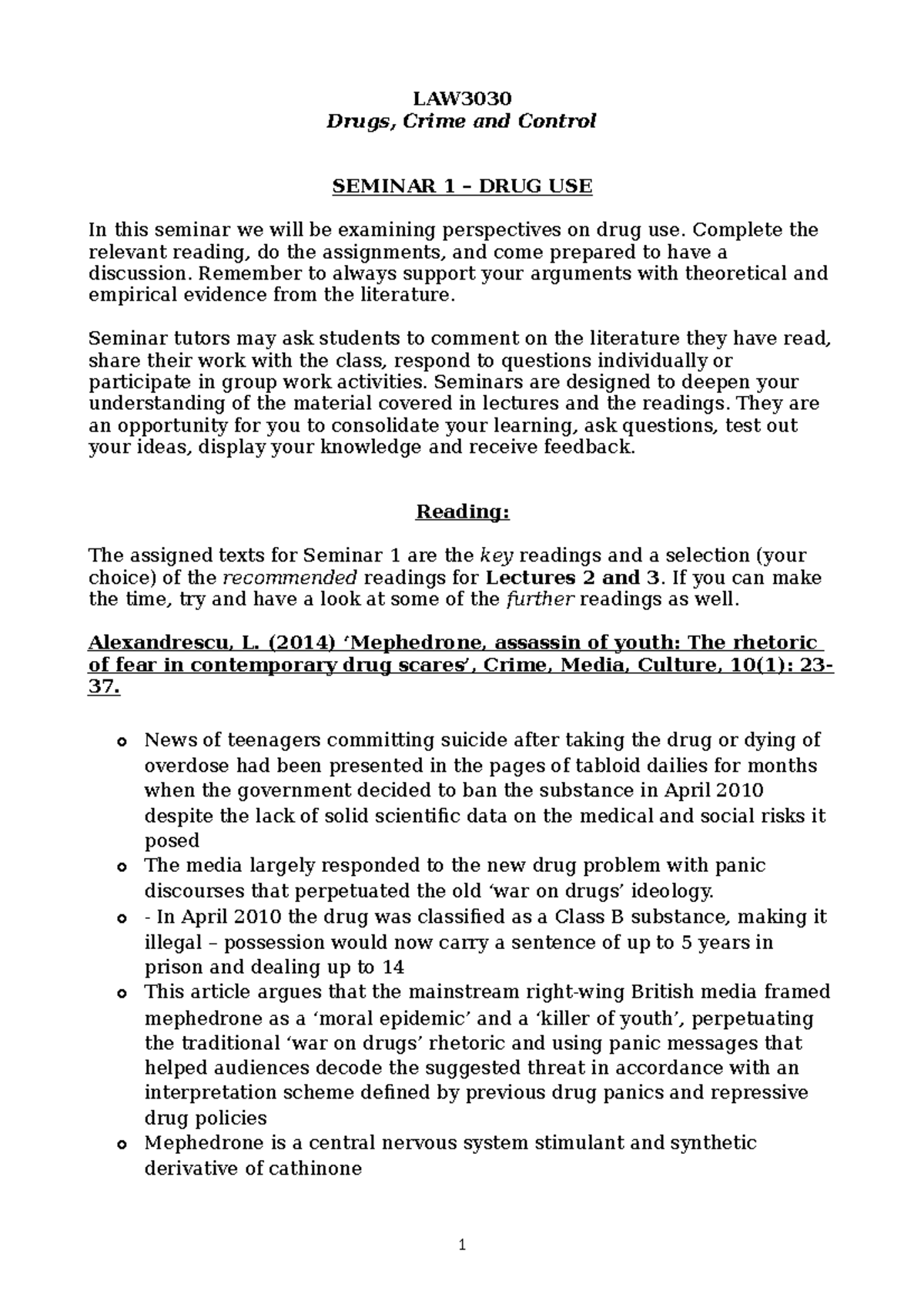 Seminar 1 - Drug Use(1) - LAW Drugs, Crime and Control SEMINAR 1 – DRUG ...