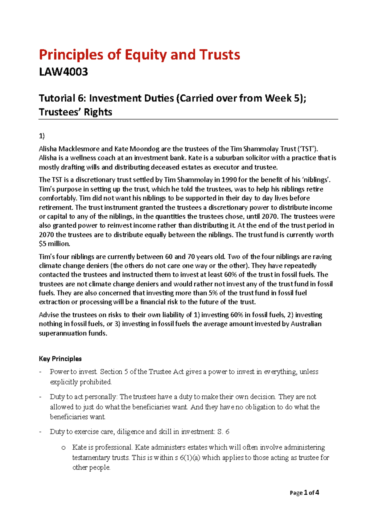 Tutorial 6 - Key Principles - Principles of Equity and Trusts LAW ...