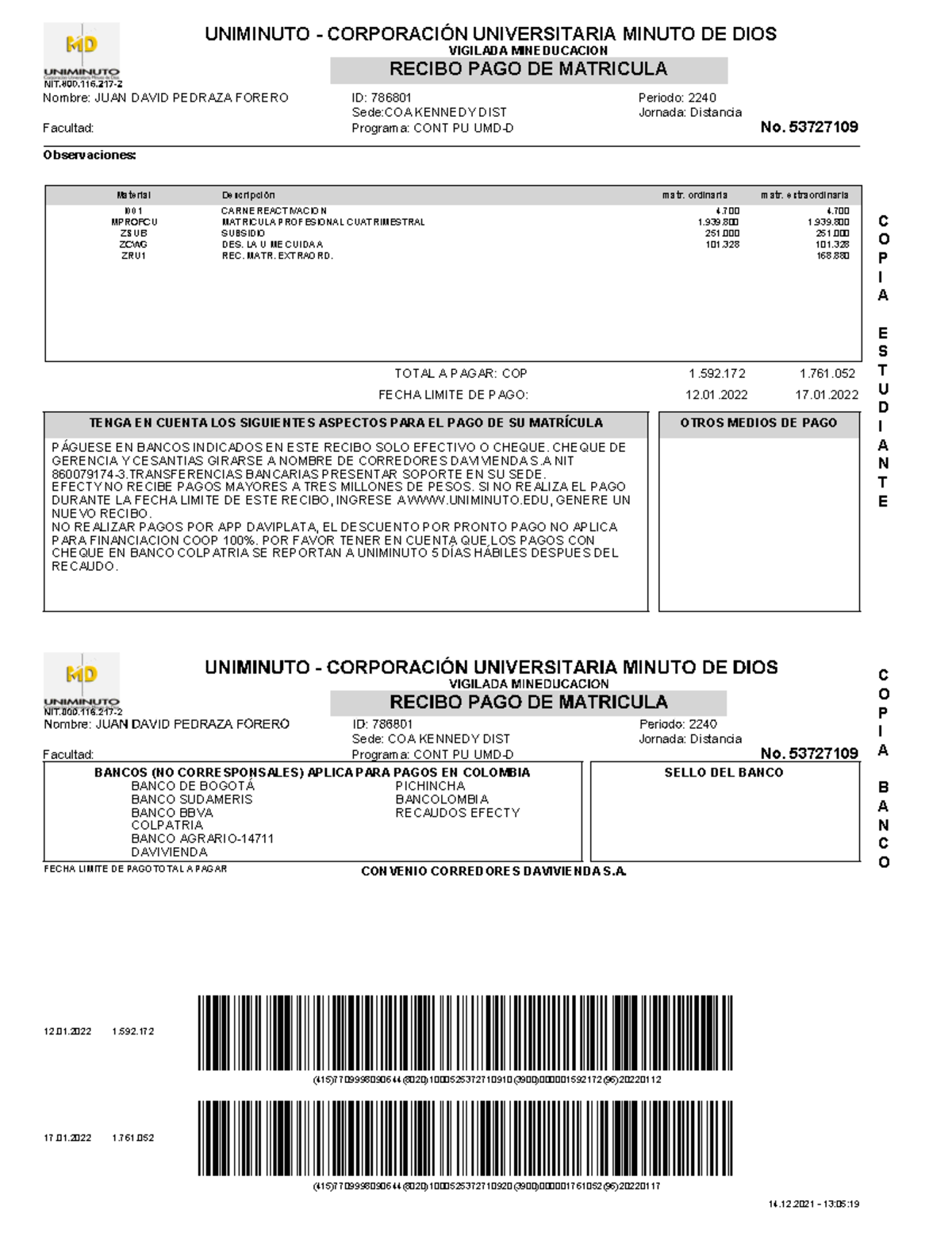 786801 - rttrt - C O P I A E S T U D I A N T E C O P I A B A N C O NIT ...