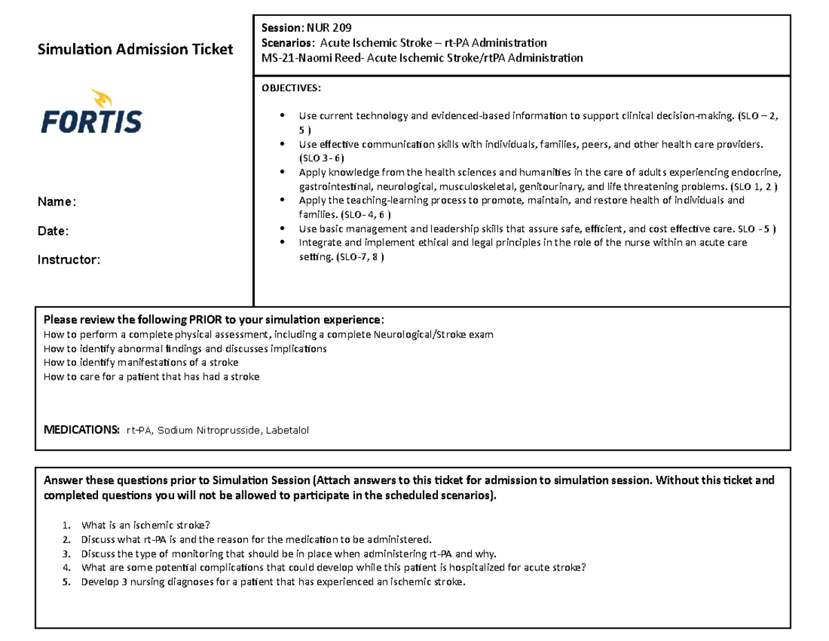 Week 8 Ticket-Naomi Reed Acute stroke - Simulation Admission Ticket ...