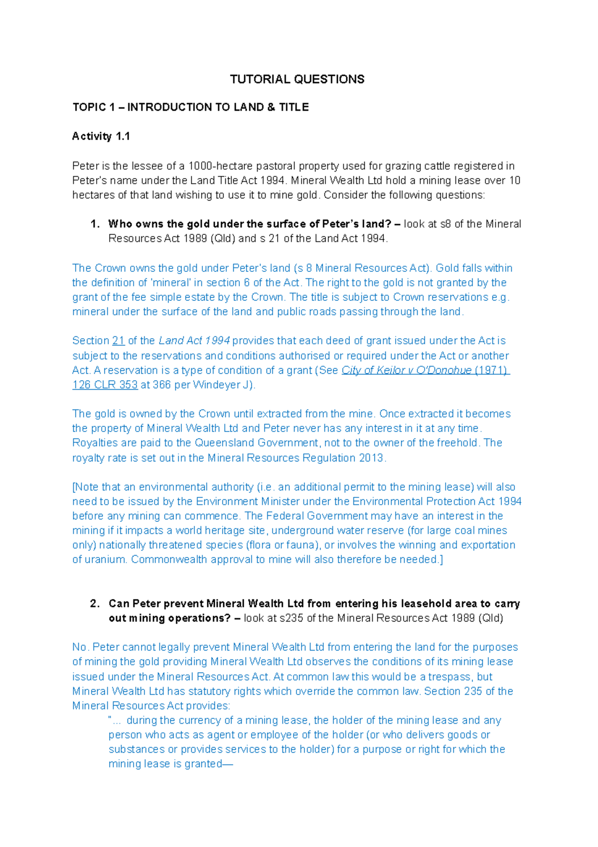 Tutorial Questions - Weeks 1 & 2 - TUTORIAL QUESTIONS TOPIC 1 – INTRODUCTION TO LAND & TITLE ...