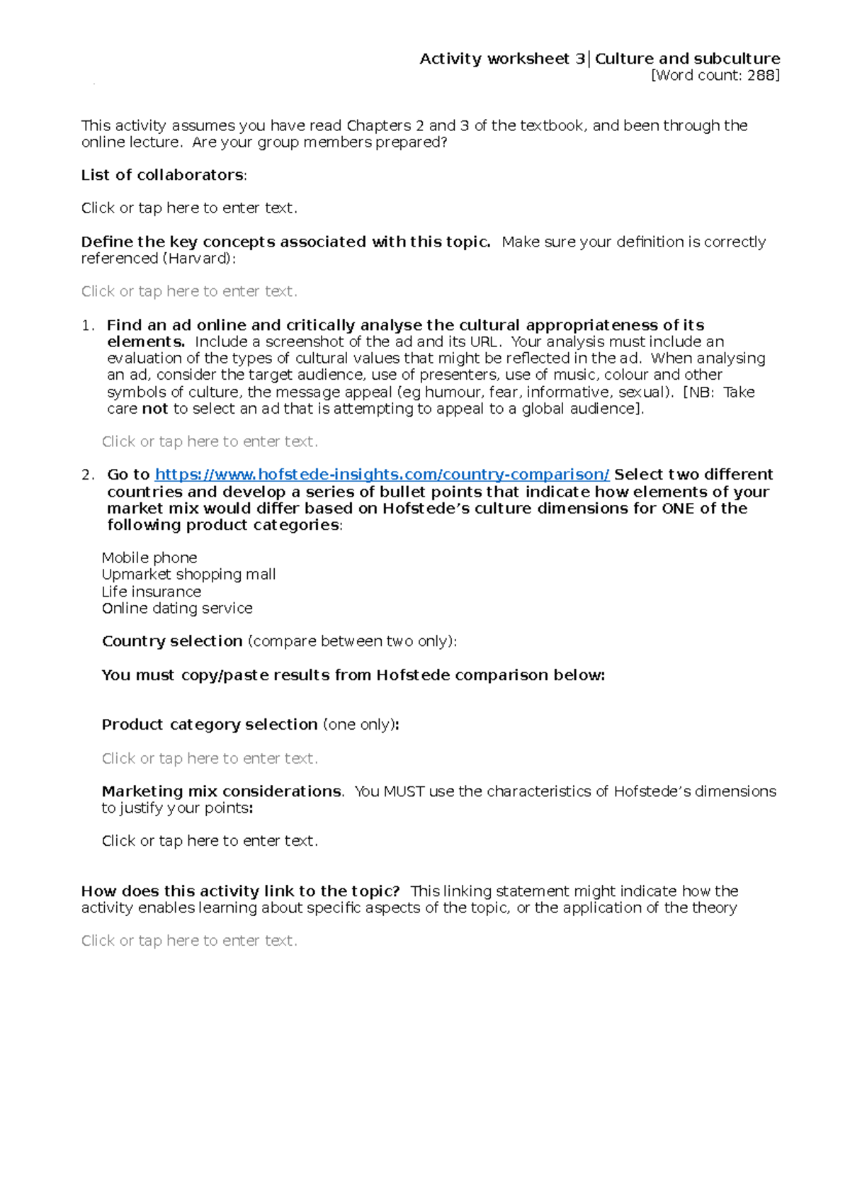 W3 worksheet - Activity worksheet 3│Culture and subculture [Word count ...