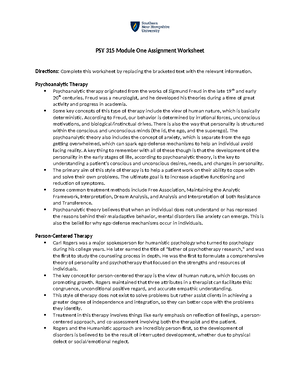 PSY 315 Module One Assignment Worksheet - PSY 315 Module One Assignment ...