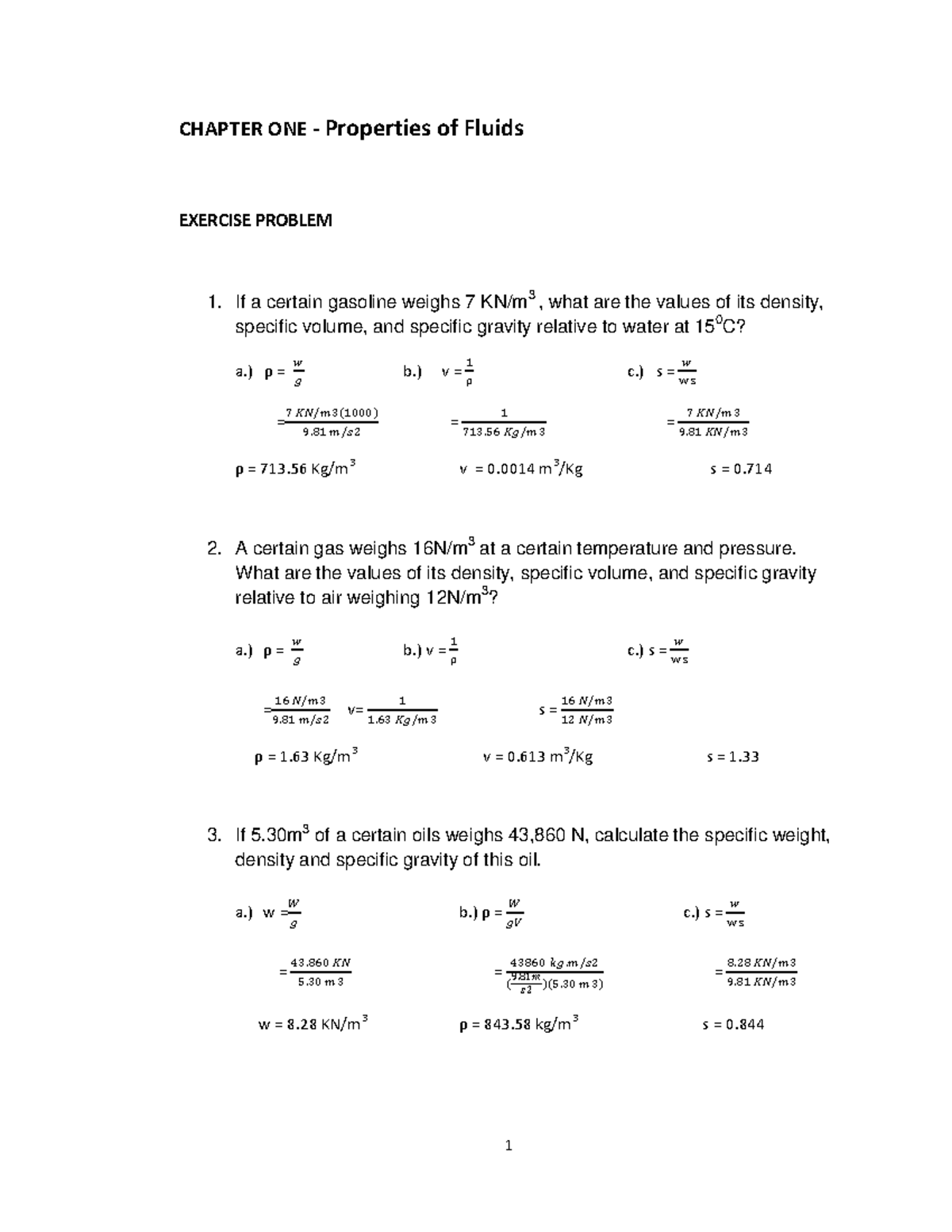 Chapter ONE Properties of Fluids Exercis - CHAPTER ONE - Properties of ...