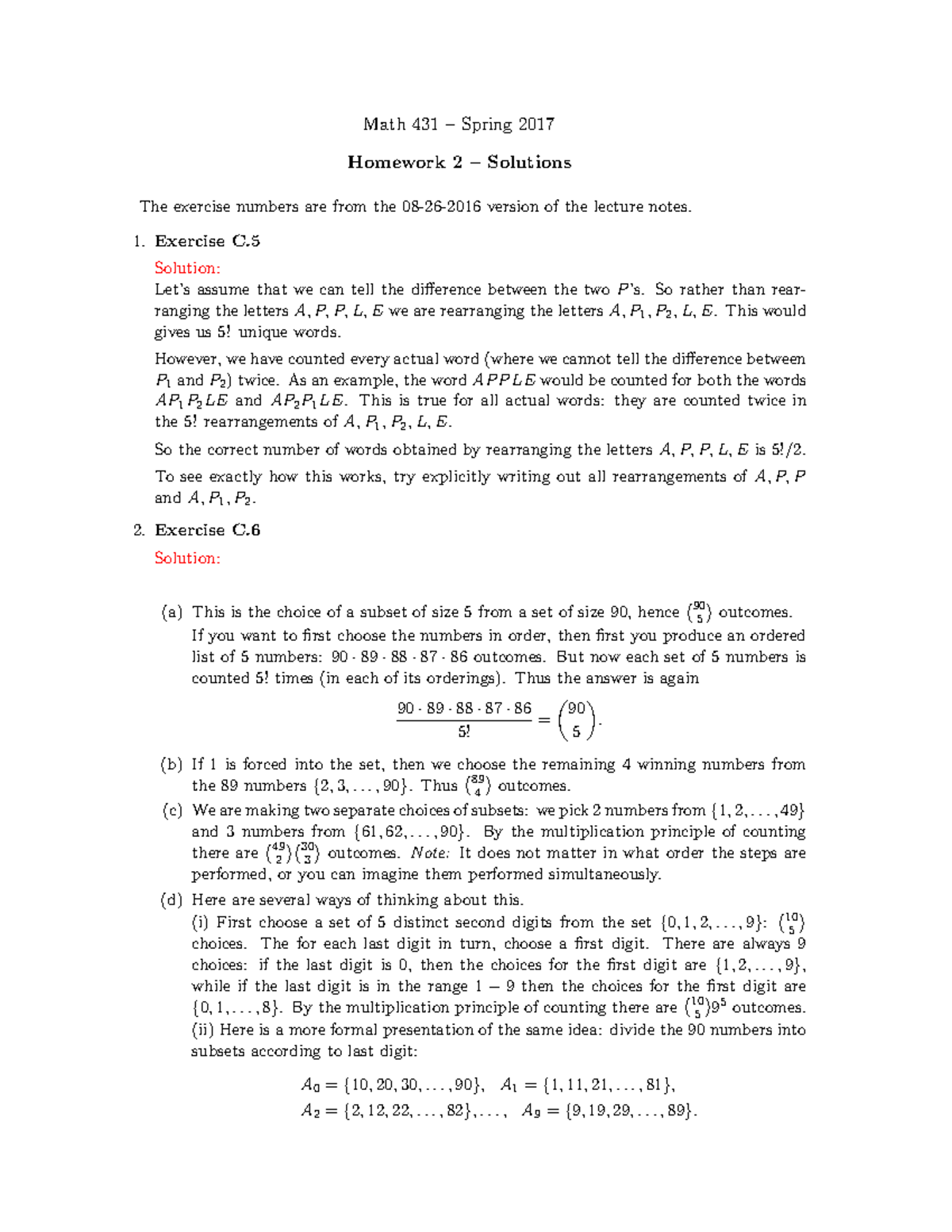 Math 431 02 solutions - Math 431 – Spring 2017 Homework 2 – Solutions The exercise numbers are ...