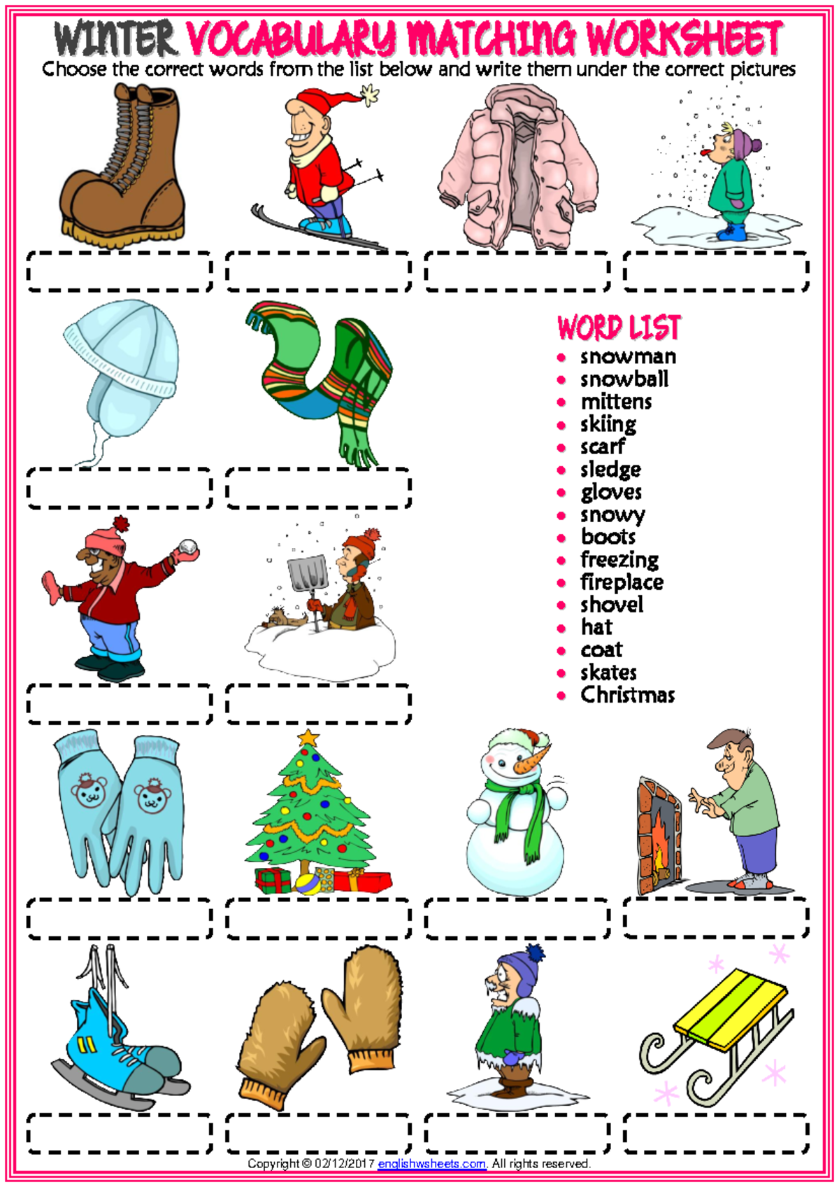 Winter vocabulary esl matching exercise worksheet for kids - W W I I N ...