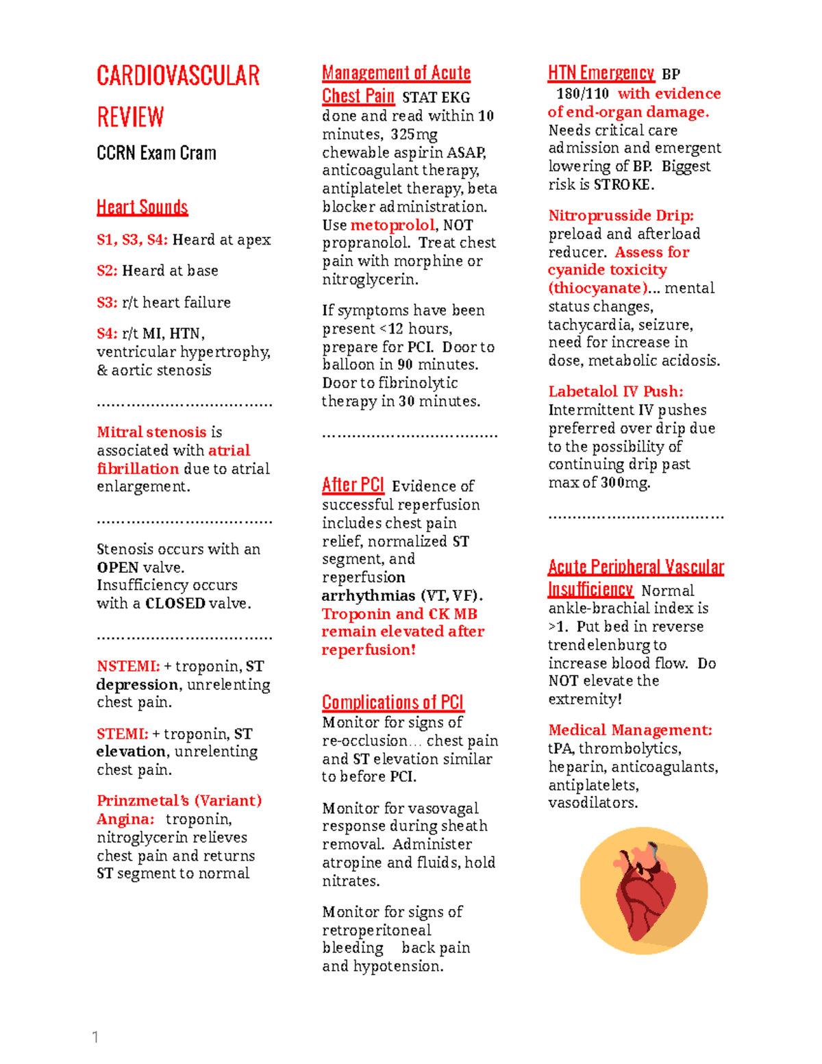 Ccrnstudy Guide - Complete CCRN review - CARDIOVASCULAR REVIEW CCRN Exam Cram Heart Sounds S1 ...