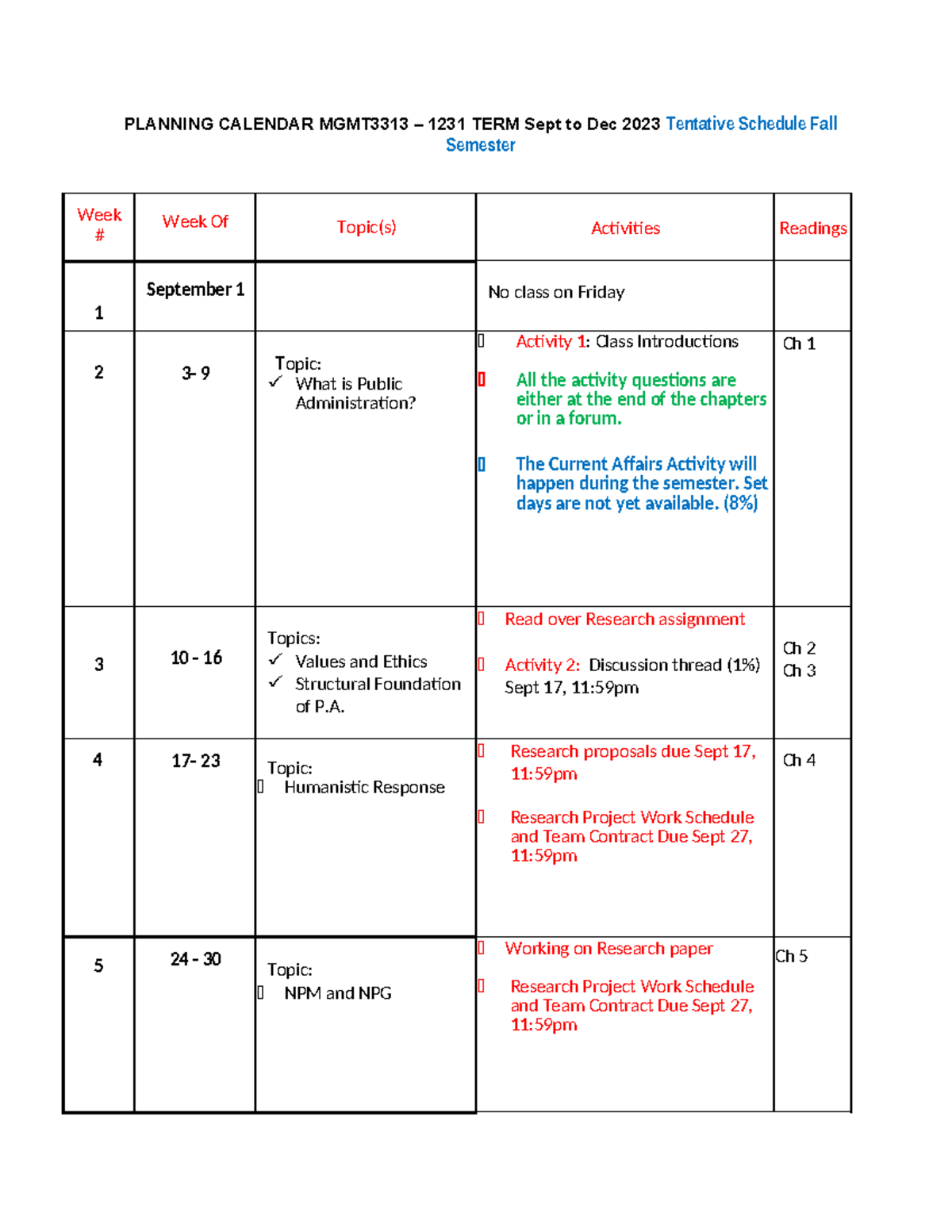 Planning calendar fall revised - PLANNING CALENDAR MGMT3313 – 1231 TERM ...