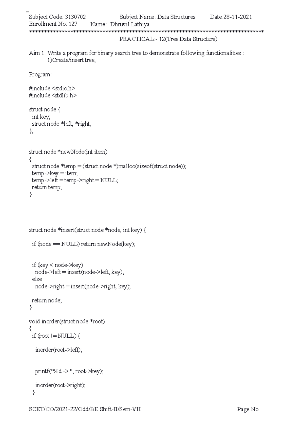 Tree Method Data Structure Subject Code 3130702 Subject Name Data Structures Date28 11 3495