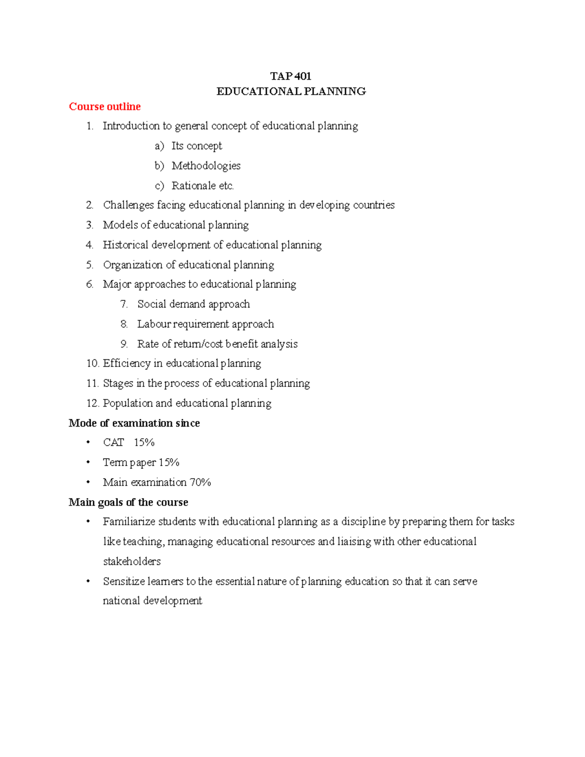 TAP 401 Educational planning course outline - TAP 401 EDUCATIONAL ...