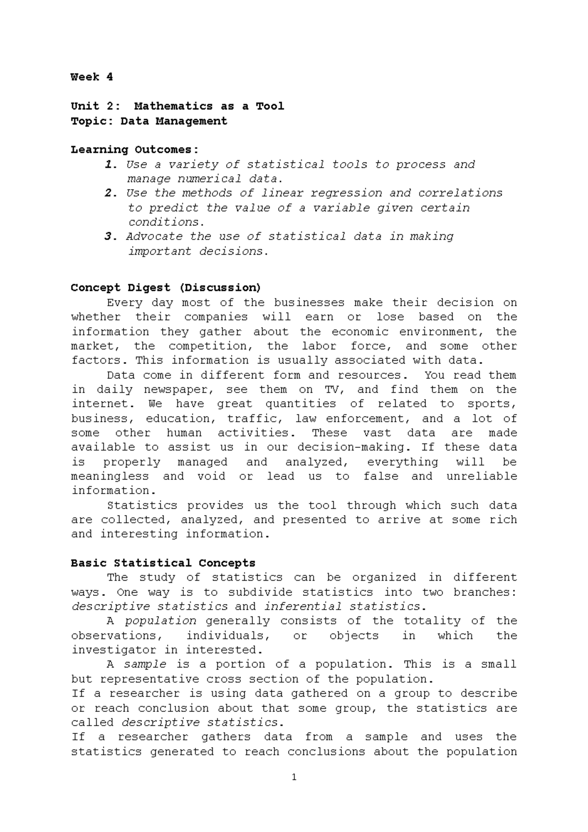 Data Management - Week 4 Unit 2: Mathematics as a Tool Topic: Data ...