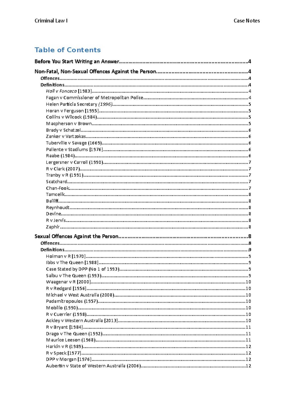 Criminal Law I case notes including statutory list of offences ...
