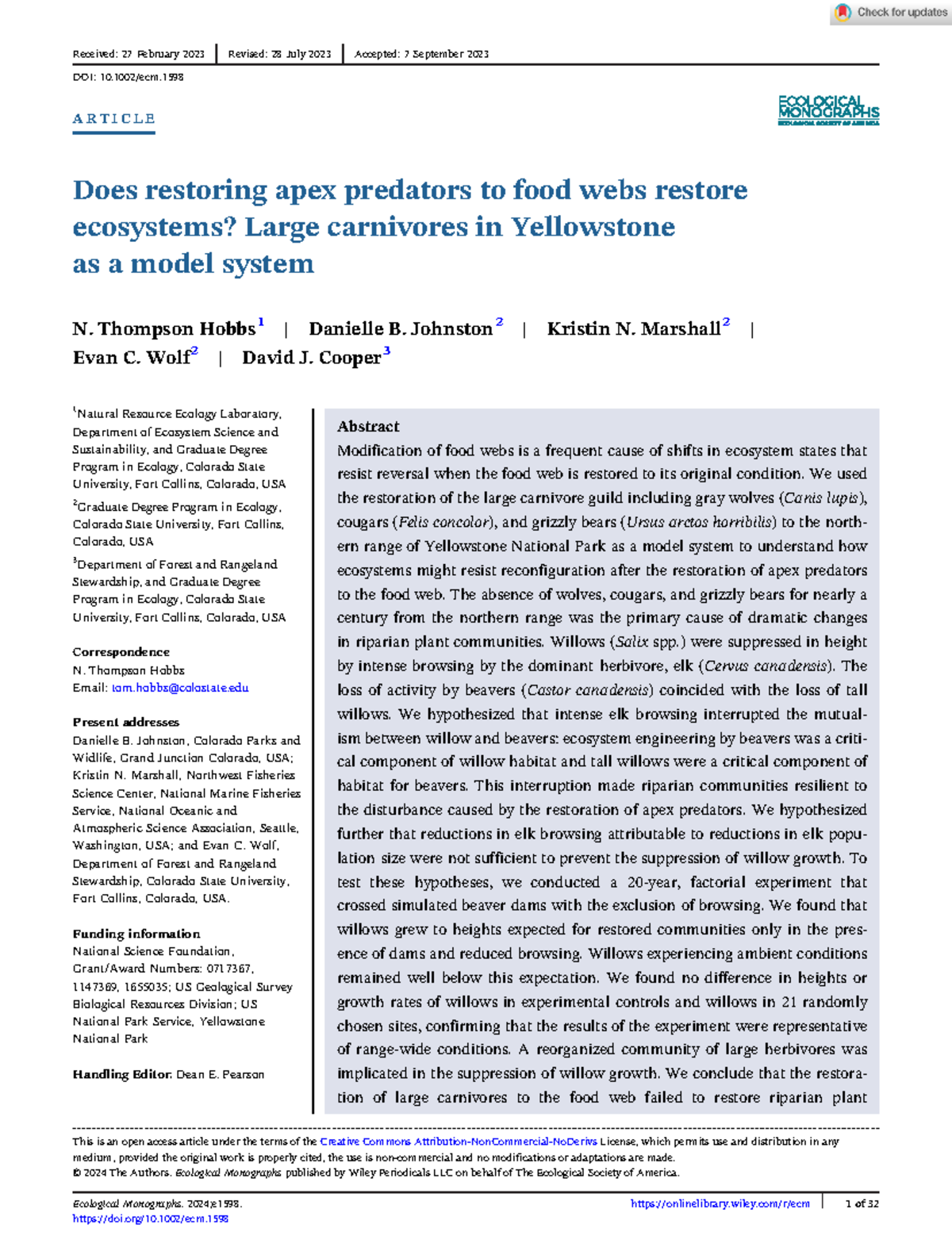Ecological Monographs - 2024 - Hobbs - Does restoring apex predators to ...