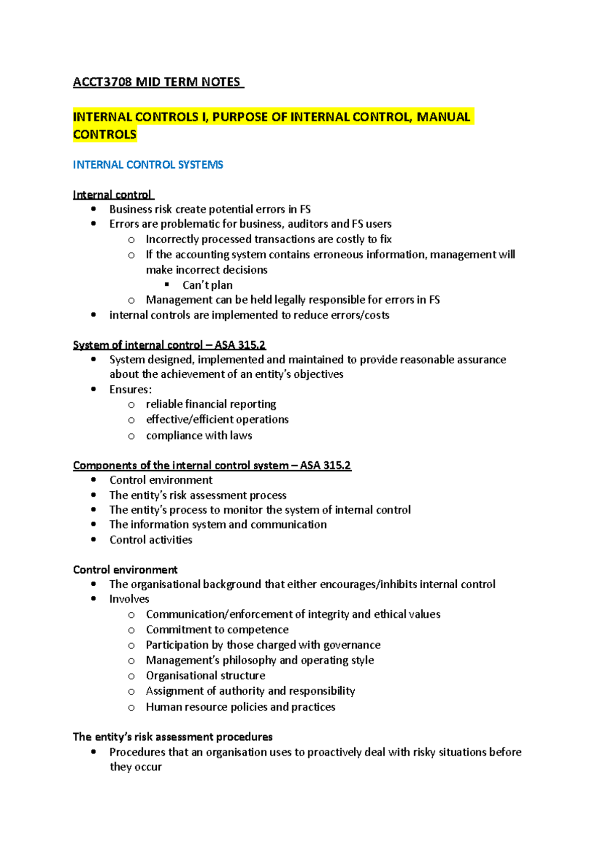 ACCT3708 MID TERM Notes - ACCT3708 MID TERM NOTES INTERNAL CONTROLS I ...