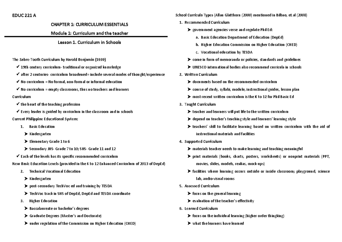 Inbound 7658024708345310247 - EDUC 221 A CHAPTER 1: CURRICULUM ESSENTIALS Module 1: Curriculum ...