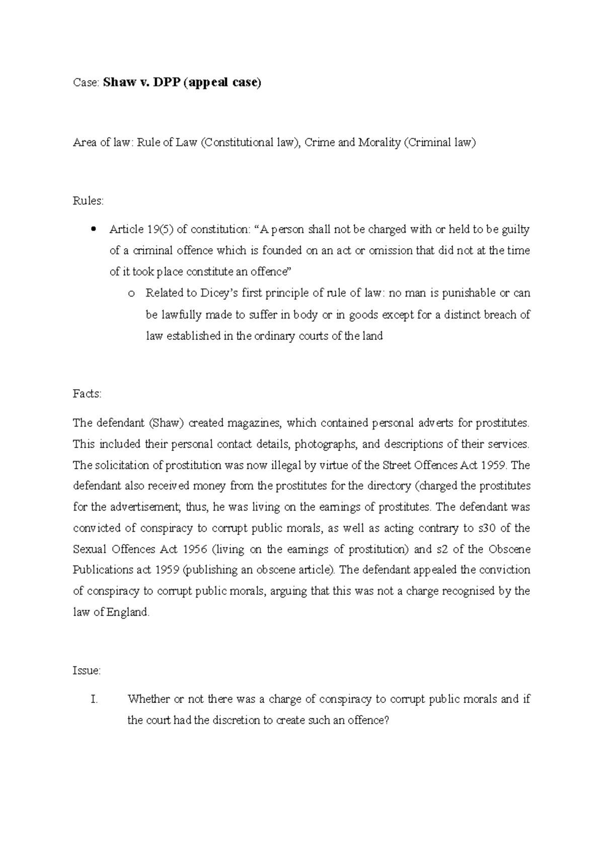 Shaw v. DPP (1962) - Case Brief - Case: Shaw v. DPP (appeal case) Area ...