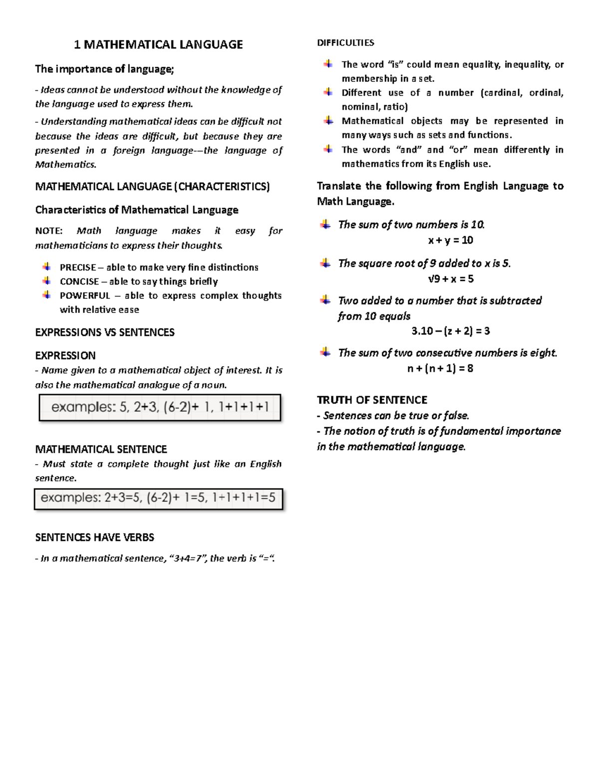 2.1 Mathematical Language - 1 MATHEMATICAL LANGUAGE The importance of ...