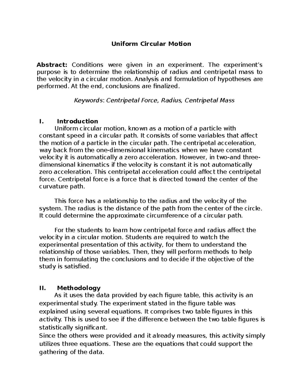 Experiment - Uniform Circular Motion - Uniform Circular Motion Abstract ...