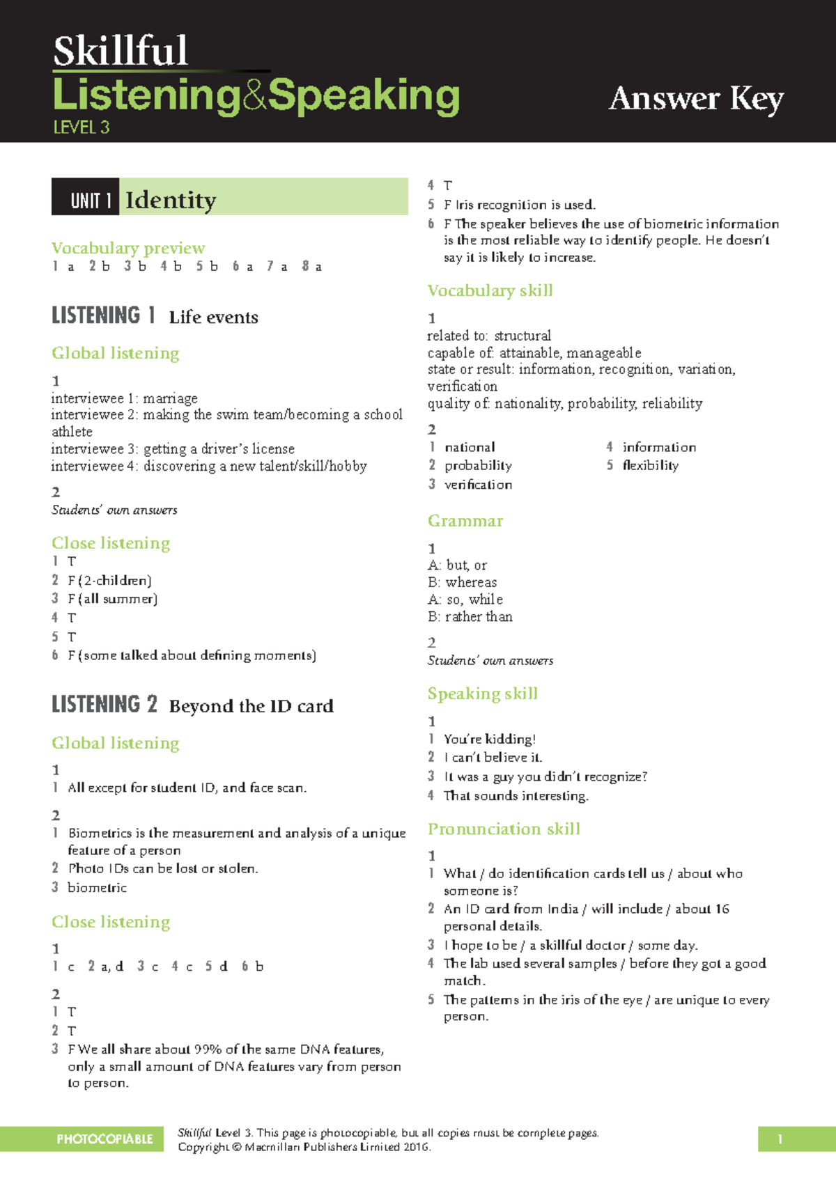 Pdfcoffee - no information - Listening&Speaking Answer Key LEVEL 3 Skillful Level 3. This page ...