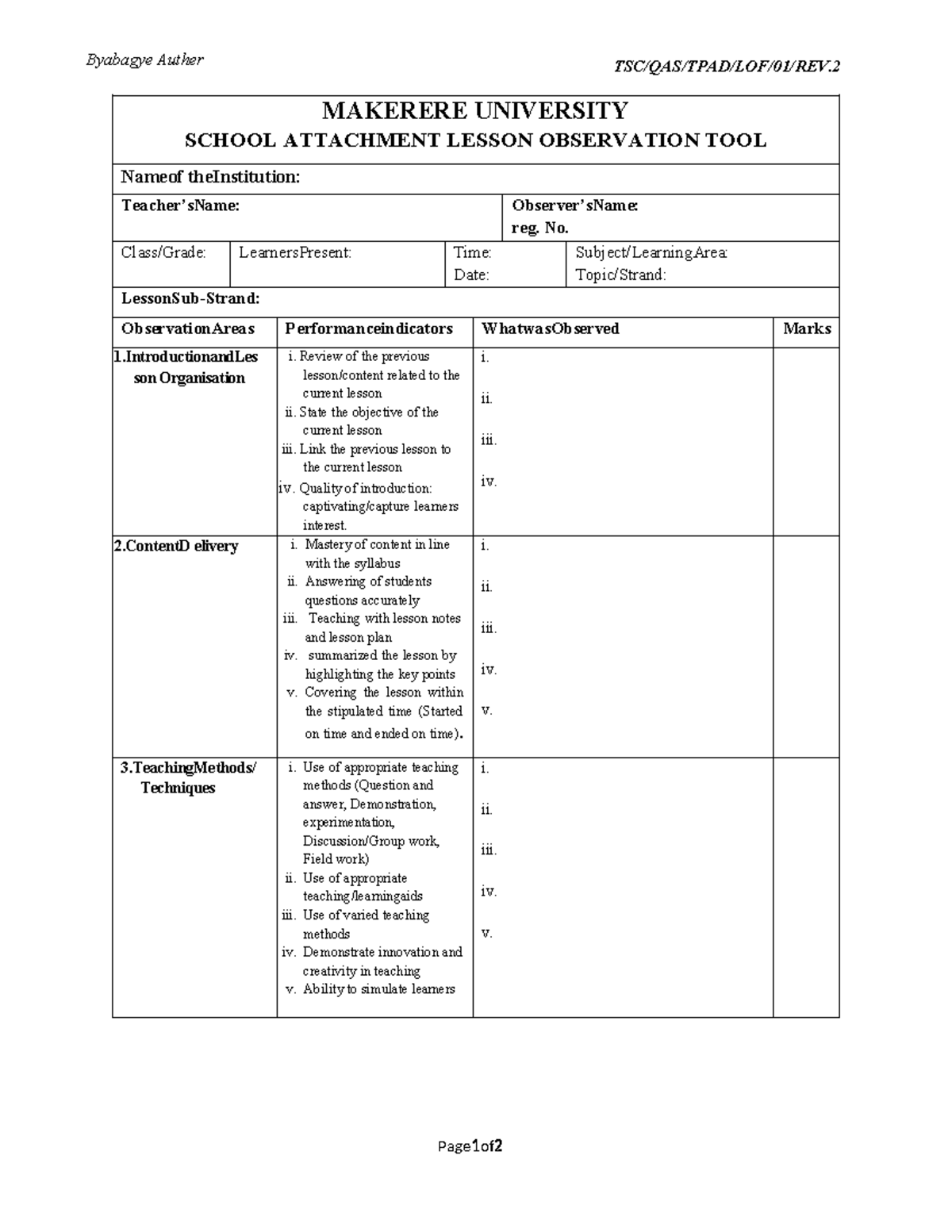 Lesson Observation Form, by Auther - TSC/QAS/TPAD/LOF/01/REV. Page 1 of ...