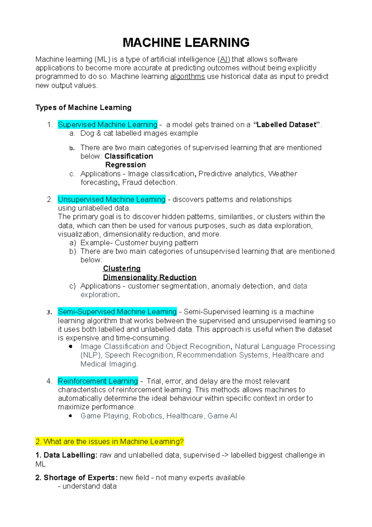 ML Vivaaaa - ML Viva Question - MACHINE LEARNING Machine learning (ML) is a type of artificial ...
