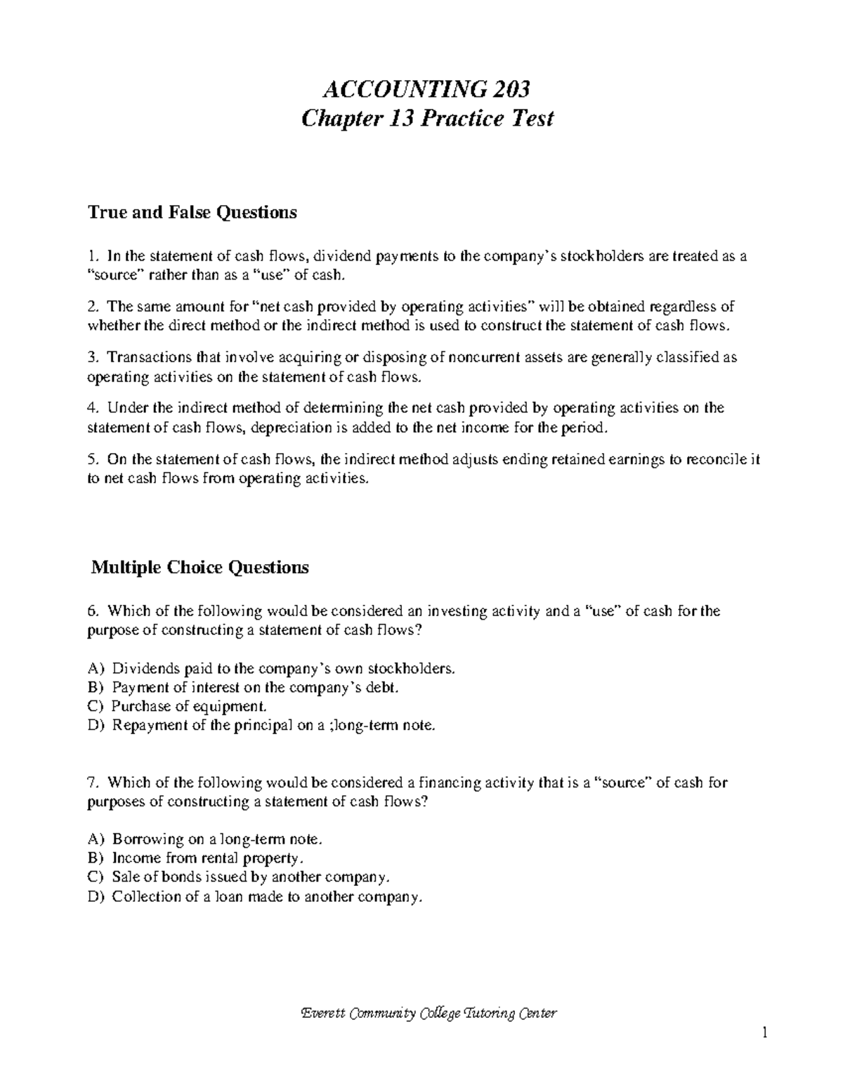 Accounting 203 chapter 13 test - ACCOUNTING 203 Chapter 13 Practice ...