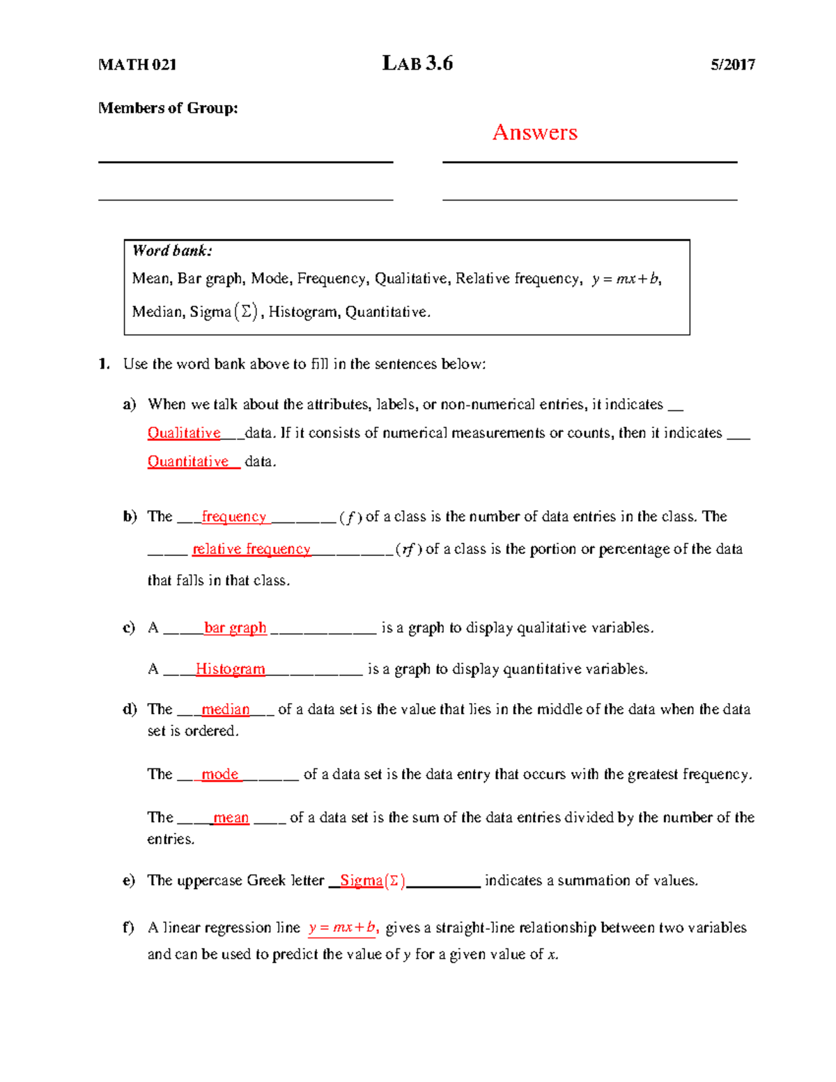 Lab 3.6 answer key - MATH 021 LAB 3 5/ Members of Group: Answers Word ...