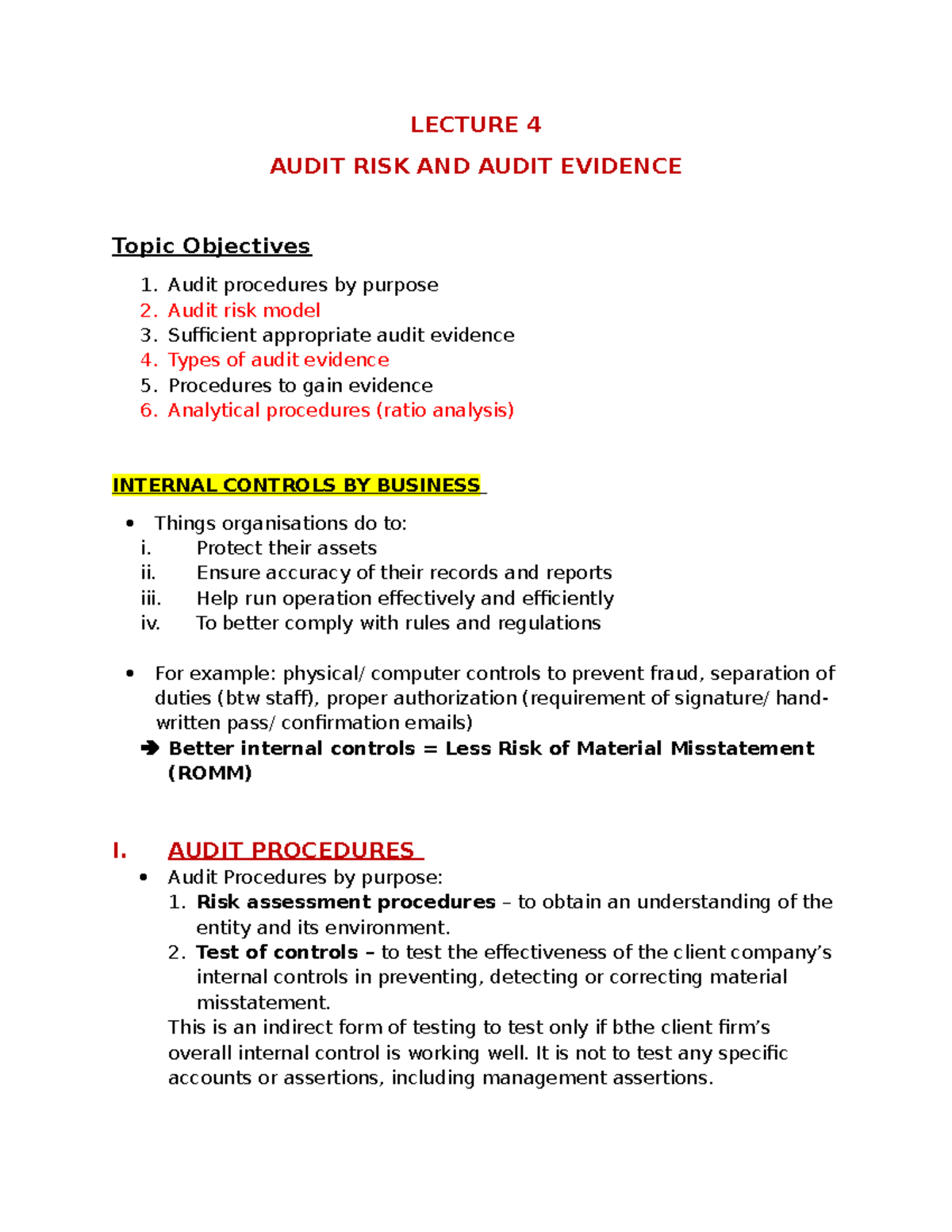 Lecture 4 Audit Risk and Audit Evidence - LECTURE 4 AUDIT RISK AND ...