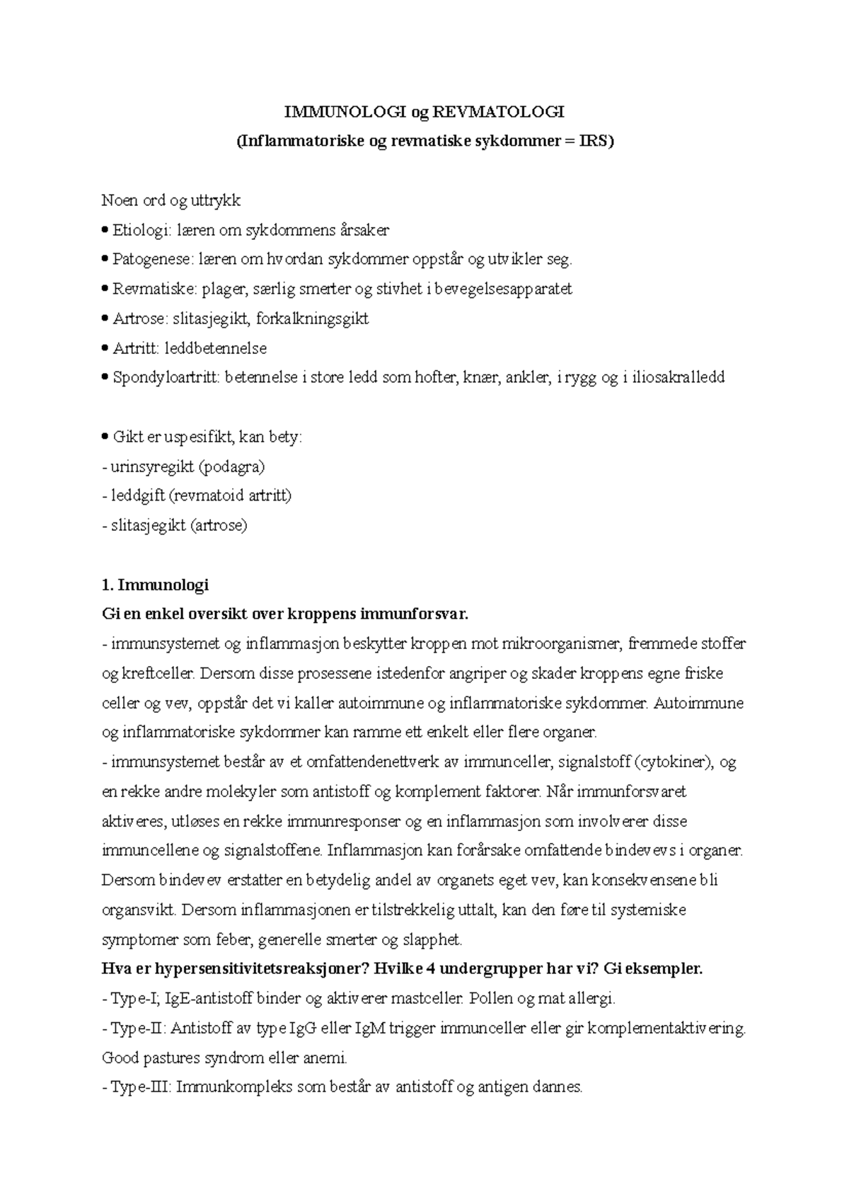 Immunologiske og revmatiske sykdommer studiespørsmål - IMMUNOLOGI og ...