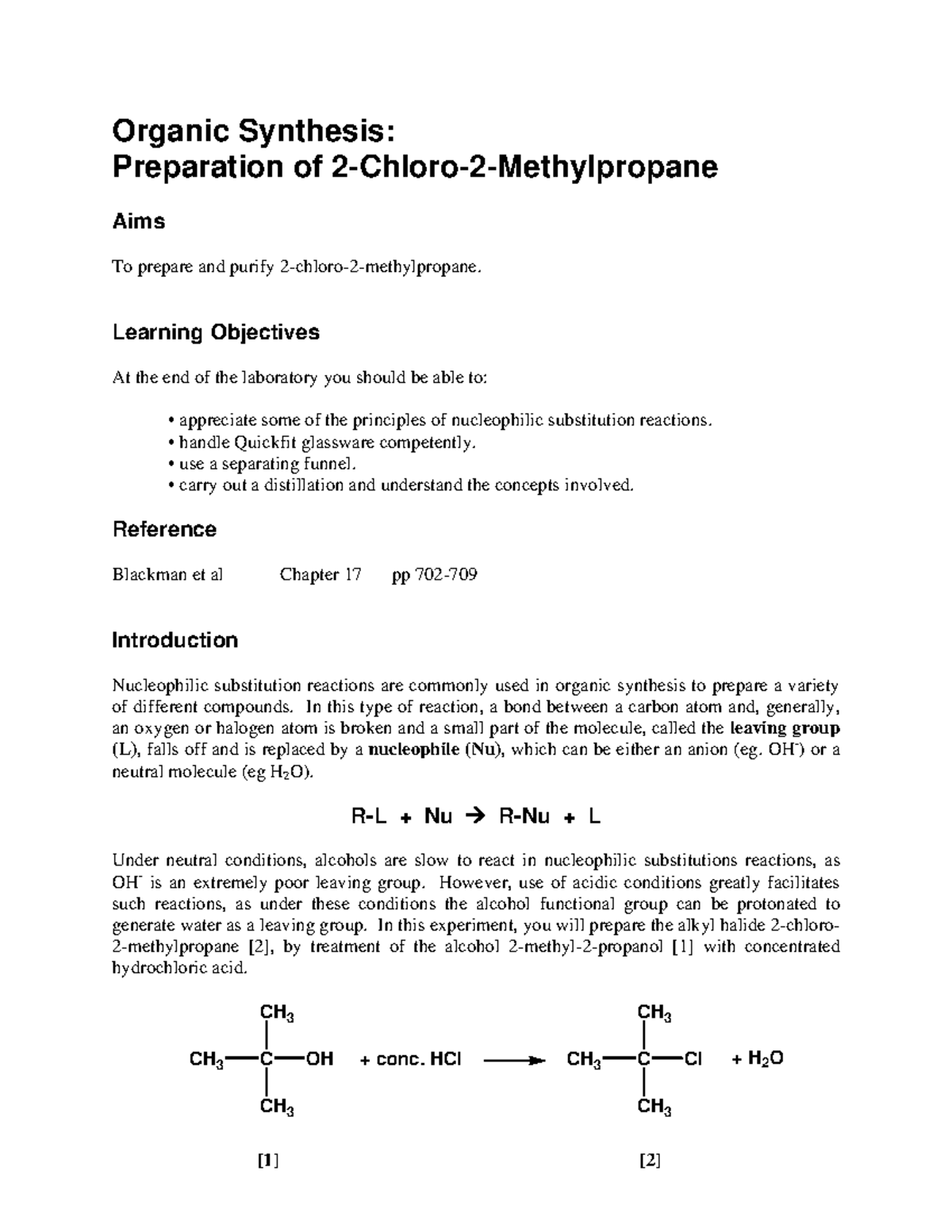 Sample Lab Report - Organic Synthesis - Organic Synthesis: Preparation of 2-Chloro-2 ...