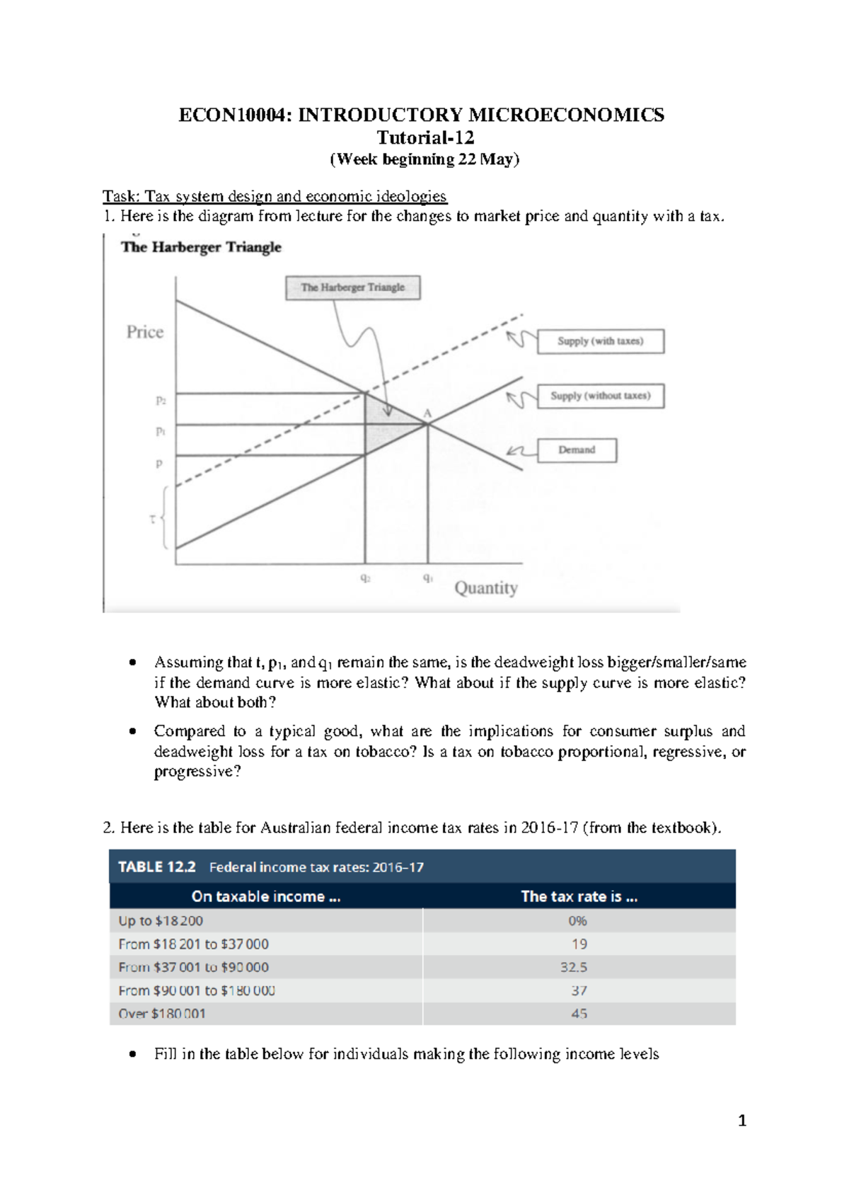 Week 12 In-Tutorial Questions - JT 2 - 1 ECON10004: INTRODUCTORY ...