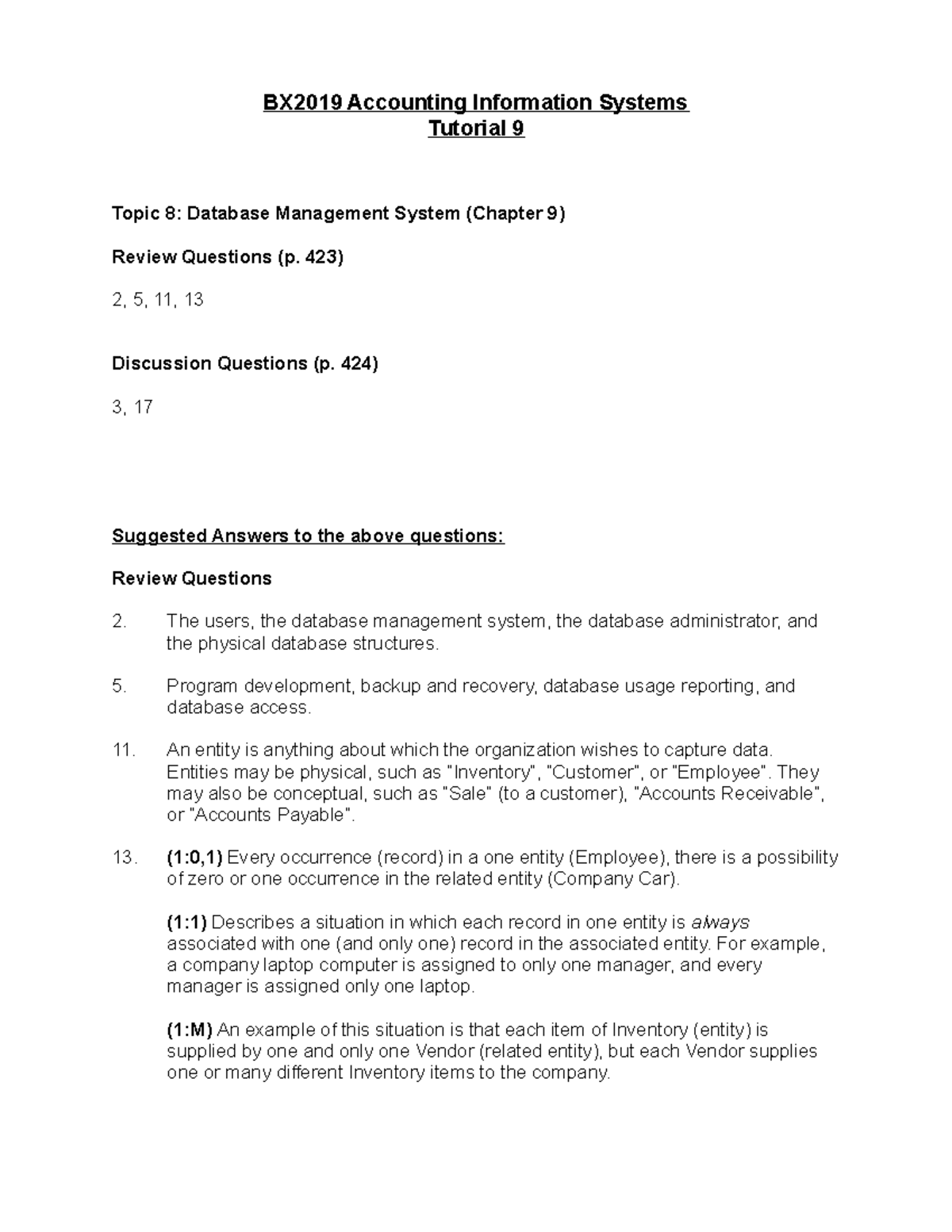 Tutorial 9 Solution Lecture Notes 1 5 Bx2019 Accounting Information Systems Tutorial 9 Topic