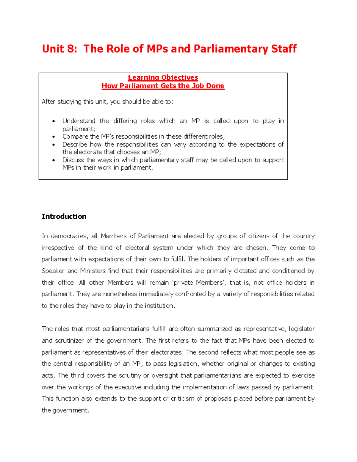 WBI - The Role of MPs and Parliamentary Staff- EN - PI - Unit 8: The ...