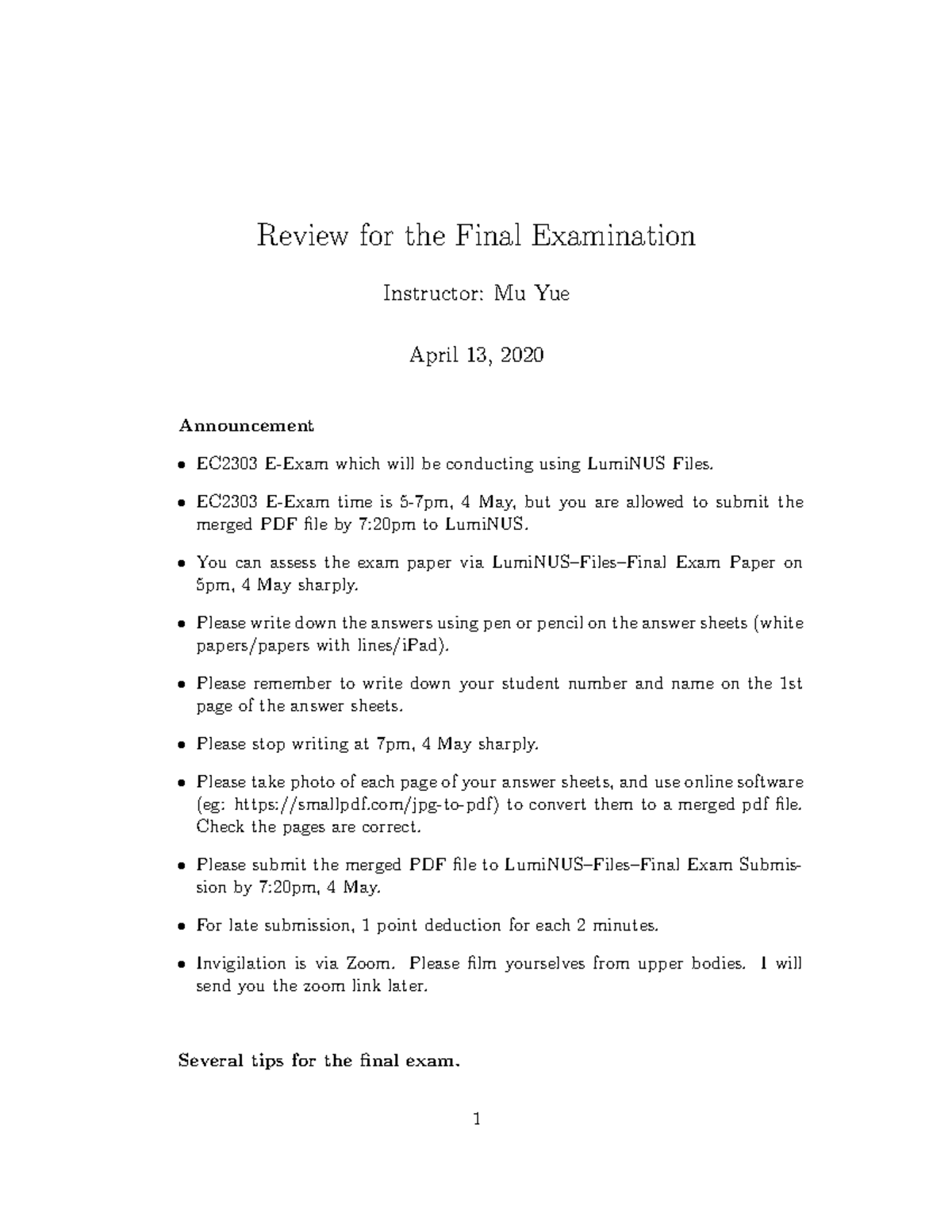 EC2303 final review 2020 - Review for the Final Examination Instructor ...