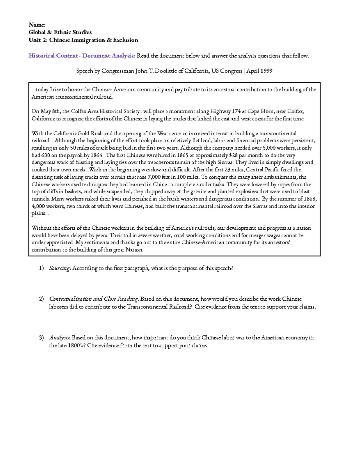 Ethnic Studies Unit 2 - Early Chinese Immigration & Exclusion - Name ...