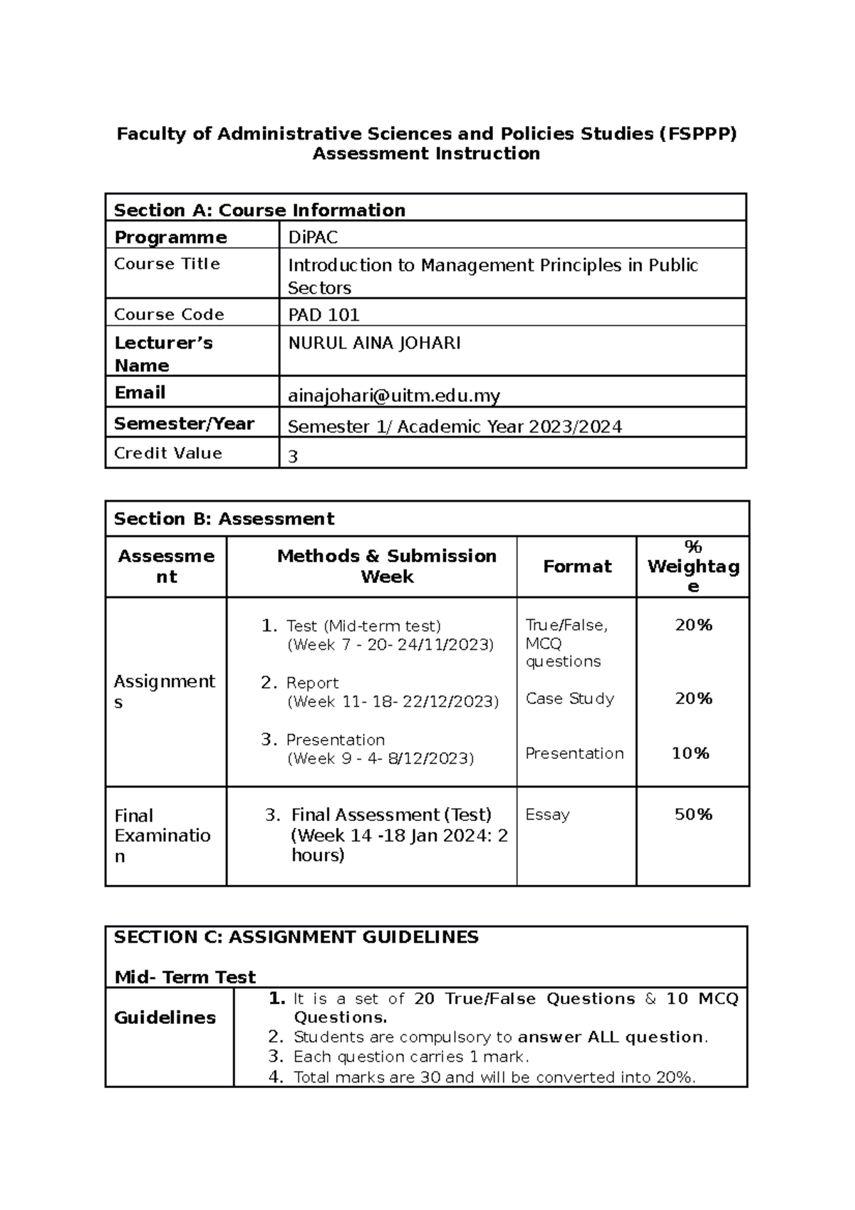 PAD 101 assignment Instruction - Faculty of Administrative Sciences and ...