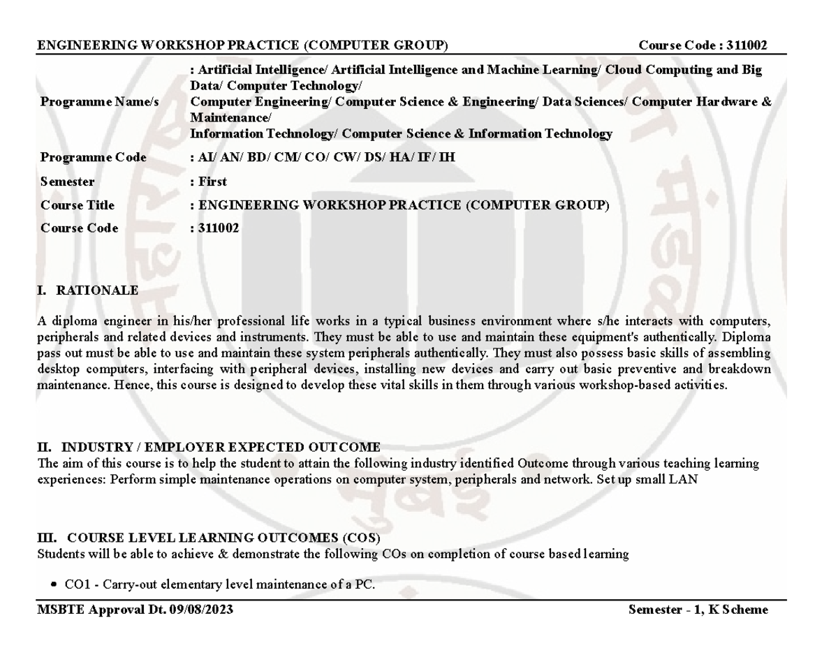 311002- Engineering Workshop Practice 210923 - Programme Name/s : Artificial Intelligence/ - Studocu
