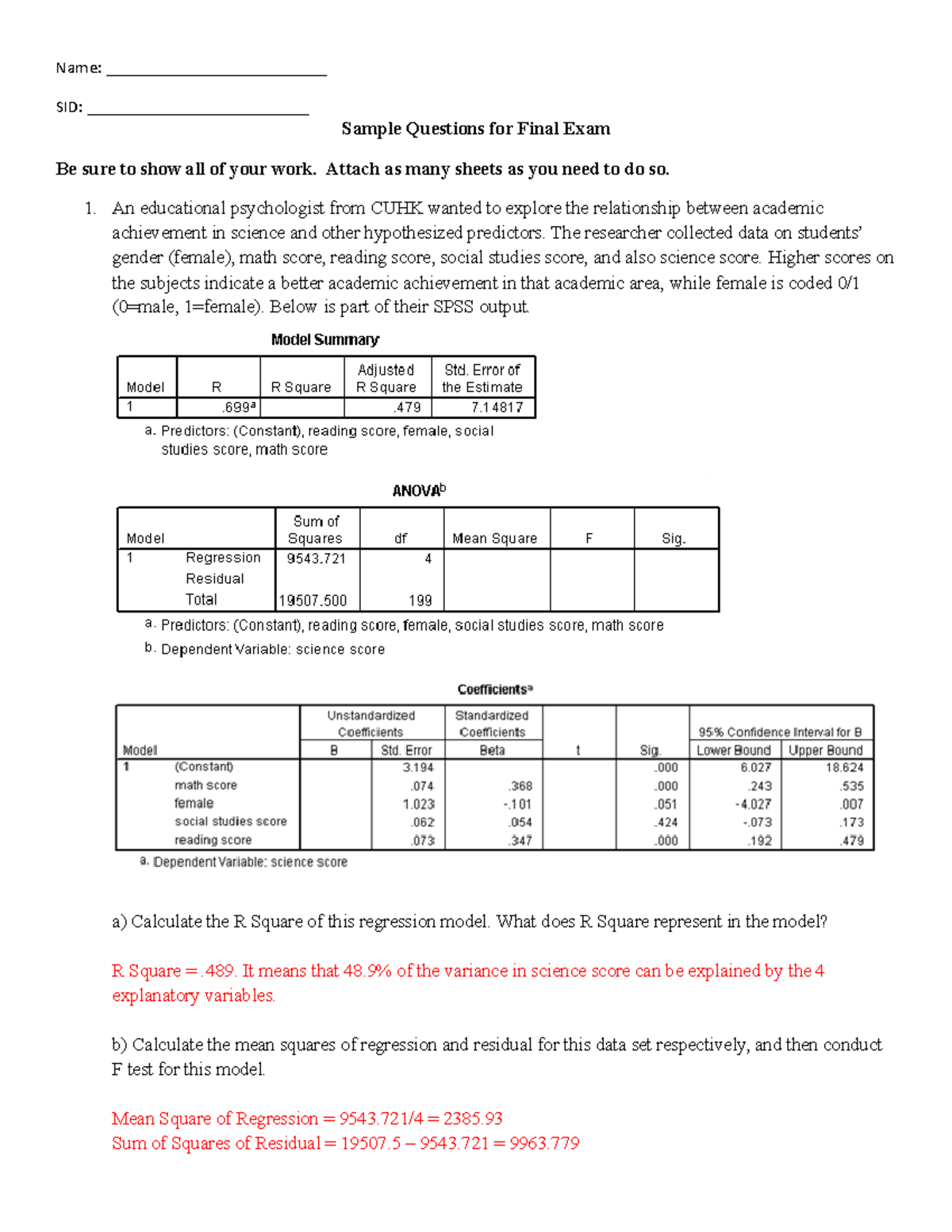 Final Exam 2015, answers - Name: __________________________ SID