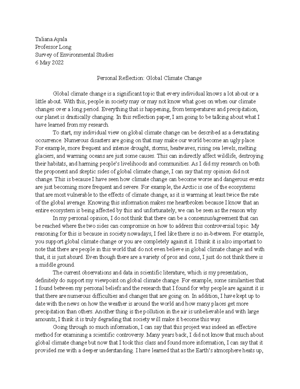 Personal Reflection - My professor was Jennifer Long. For this essay, I ...